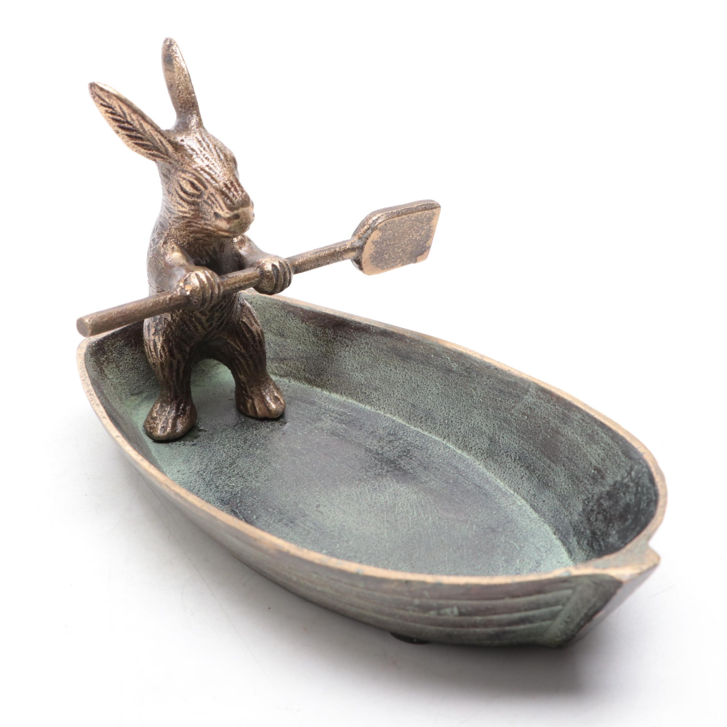Patinated Cast Brass Bunny in Rowboat Trinket Dish | EBTH