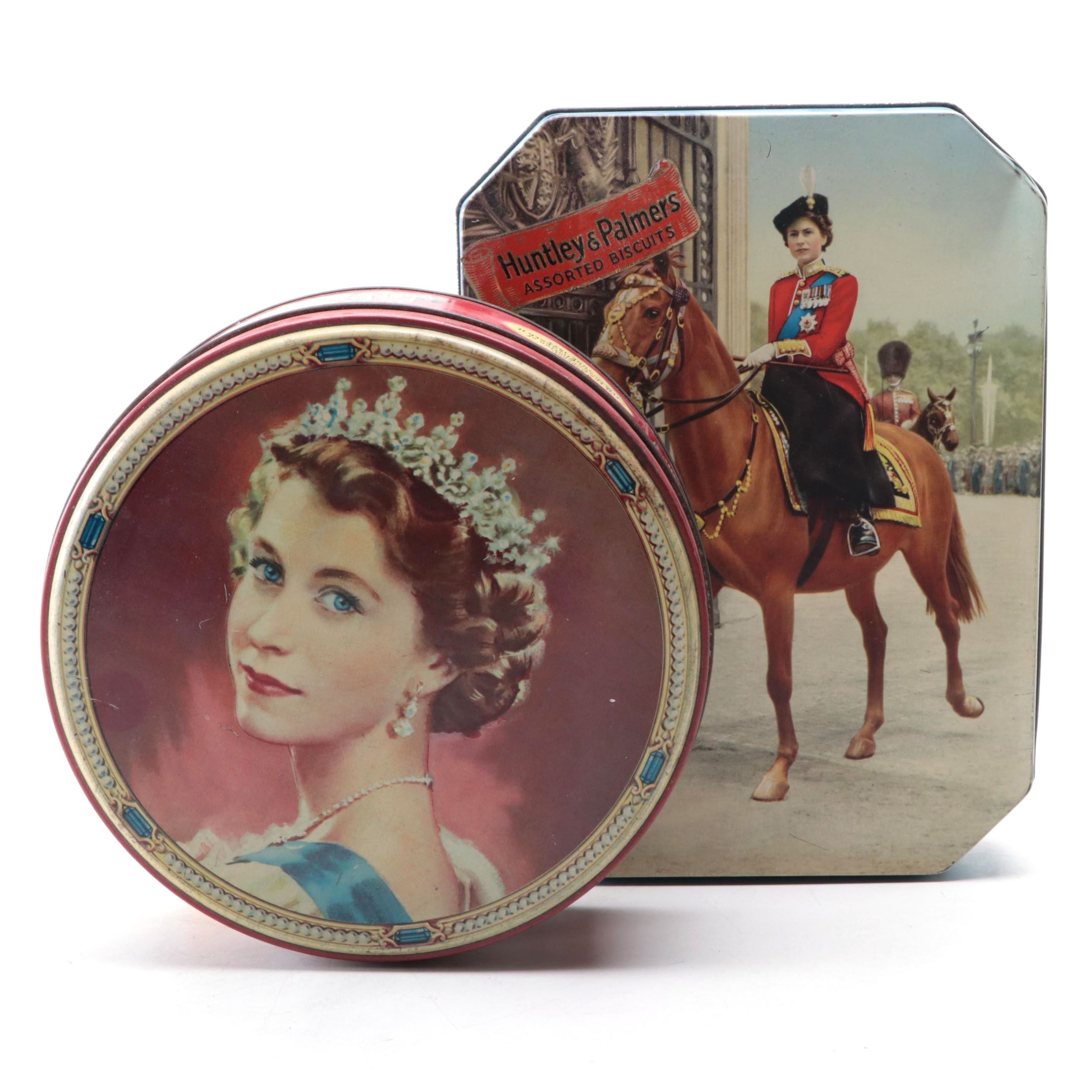 Queen Elizabeth Royal Coronation and State Visit Tin Biscuit Boxes, Mid ...