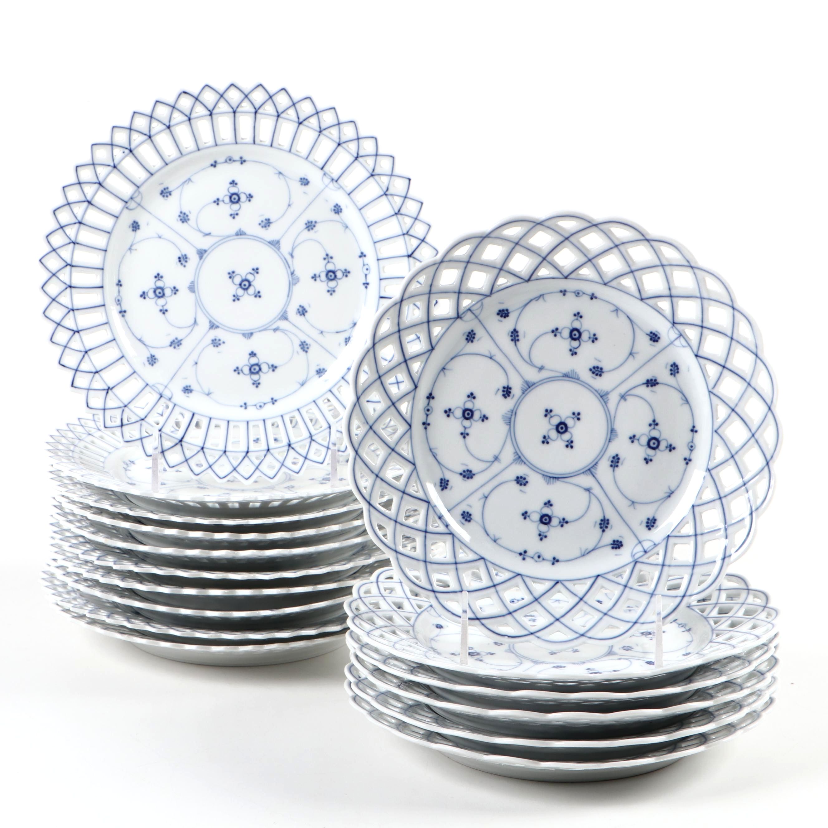 Carl Schumann German Porcelain Blue and Whit Pierced Rim Plates, Early ...