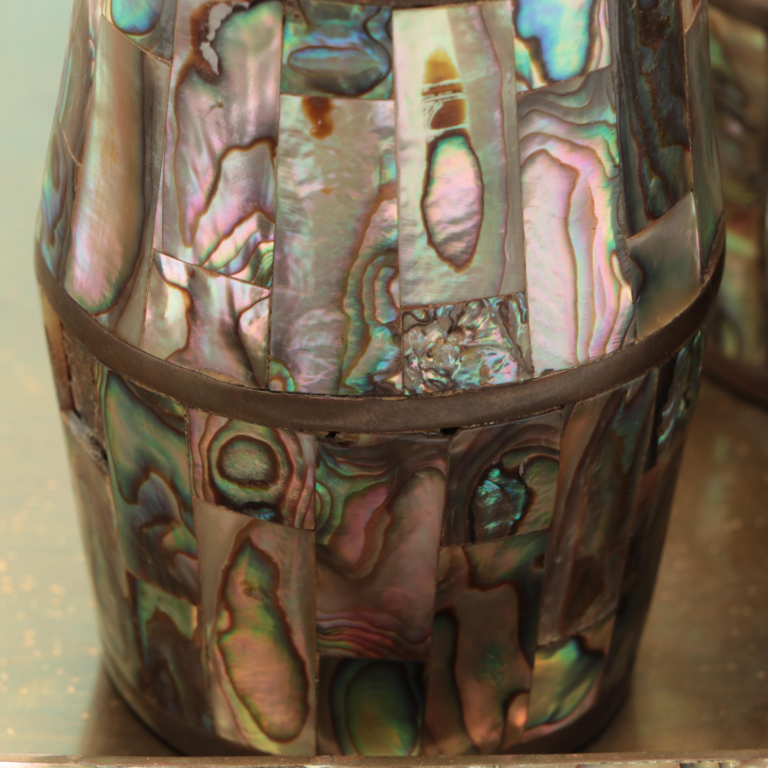 Colonial Mexican Brass Inlaid Abalone Shell Trays, Pitcher, Cups and ...