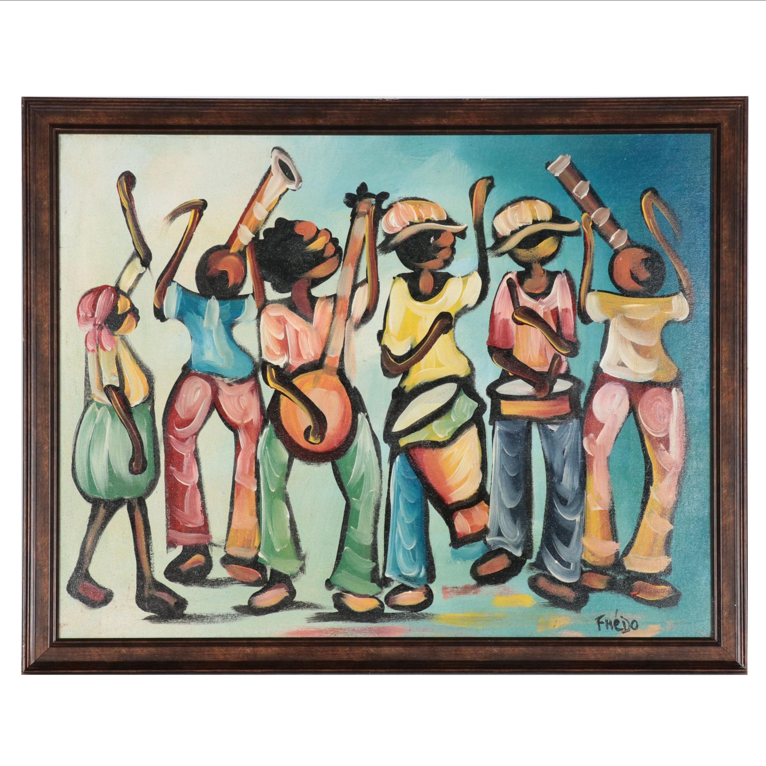 Frédo Folk Art Figurative Oil Painting of Musicians | EBTH
