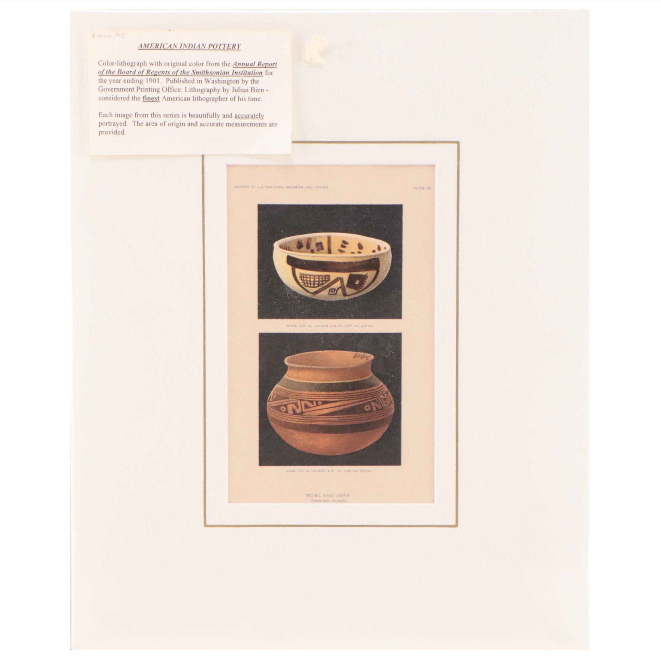 Julius Bien Color Lithograph of Native American Pottery "Bowl and Vase ...