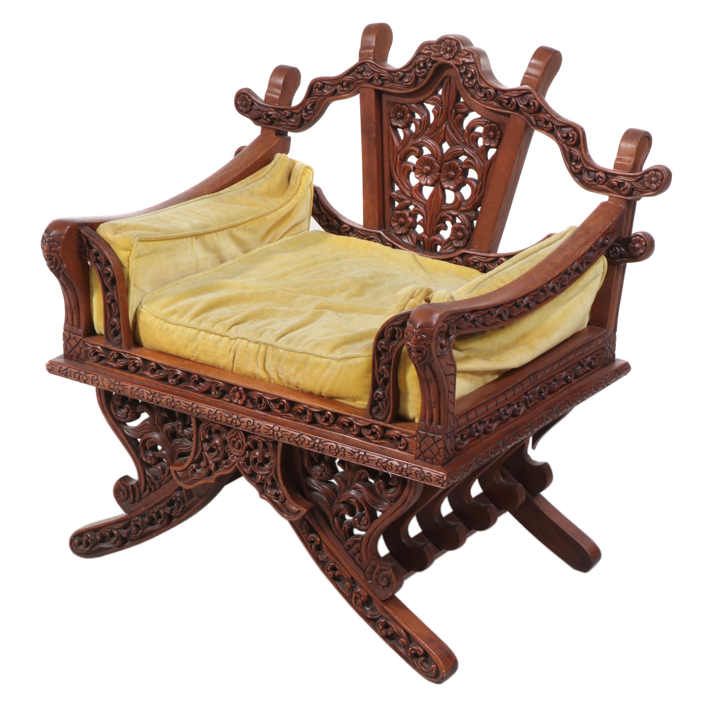 Indian Hand-Carved Wood Howdah Chair With Velvet Cushion | EBTH