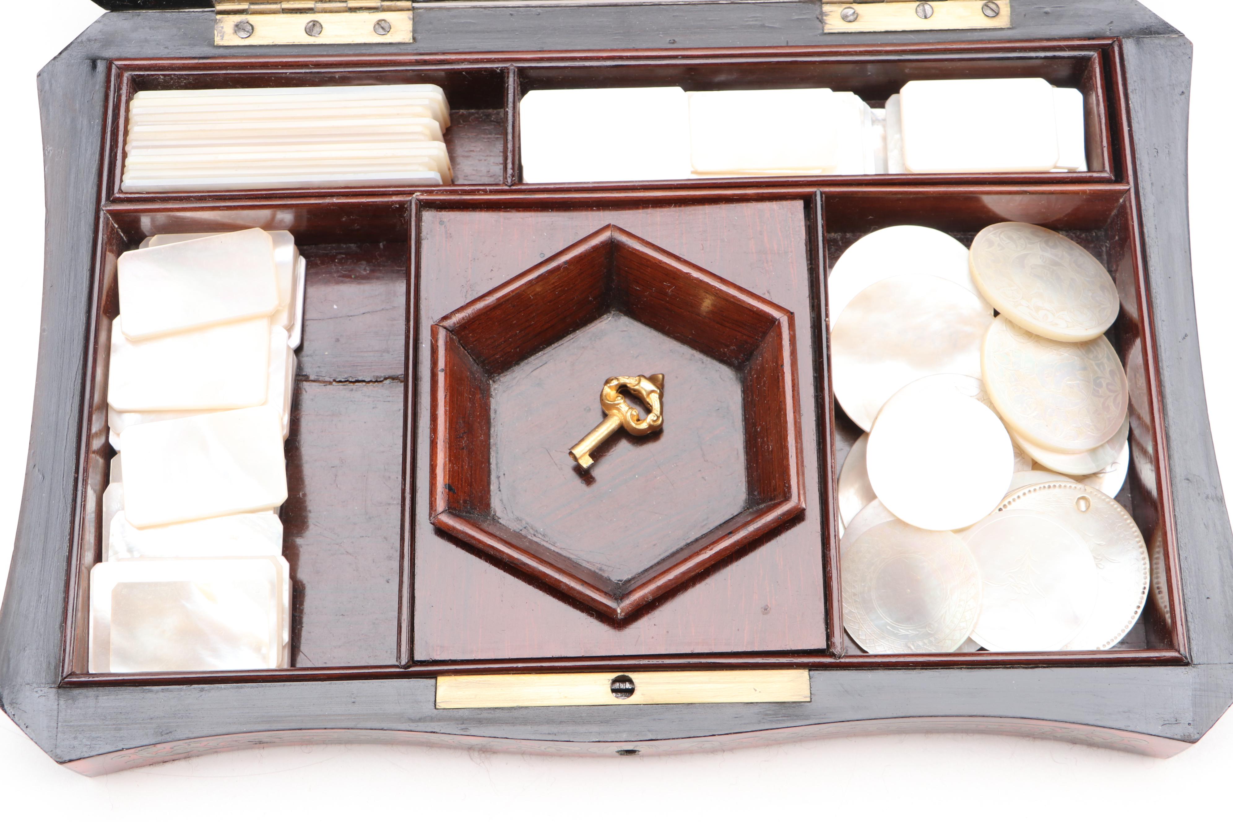 French Boulle Style Brass Inlaid Box and Chinese Capiz Shell, MOP Game ...