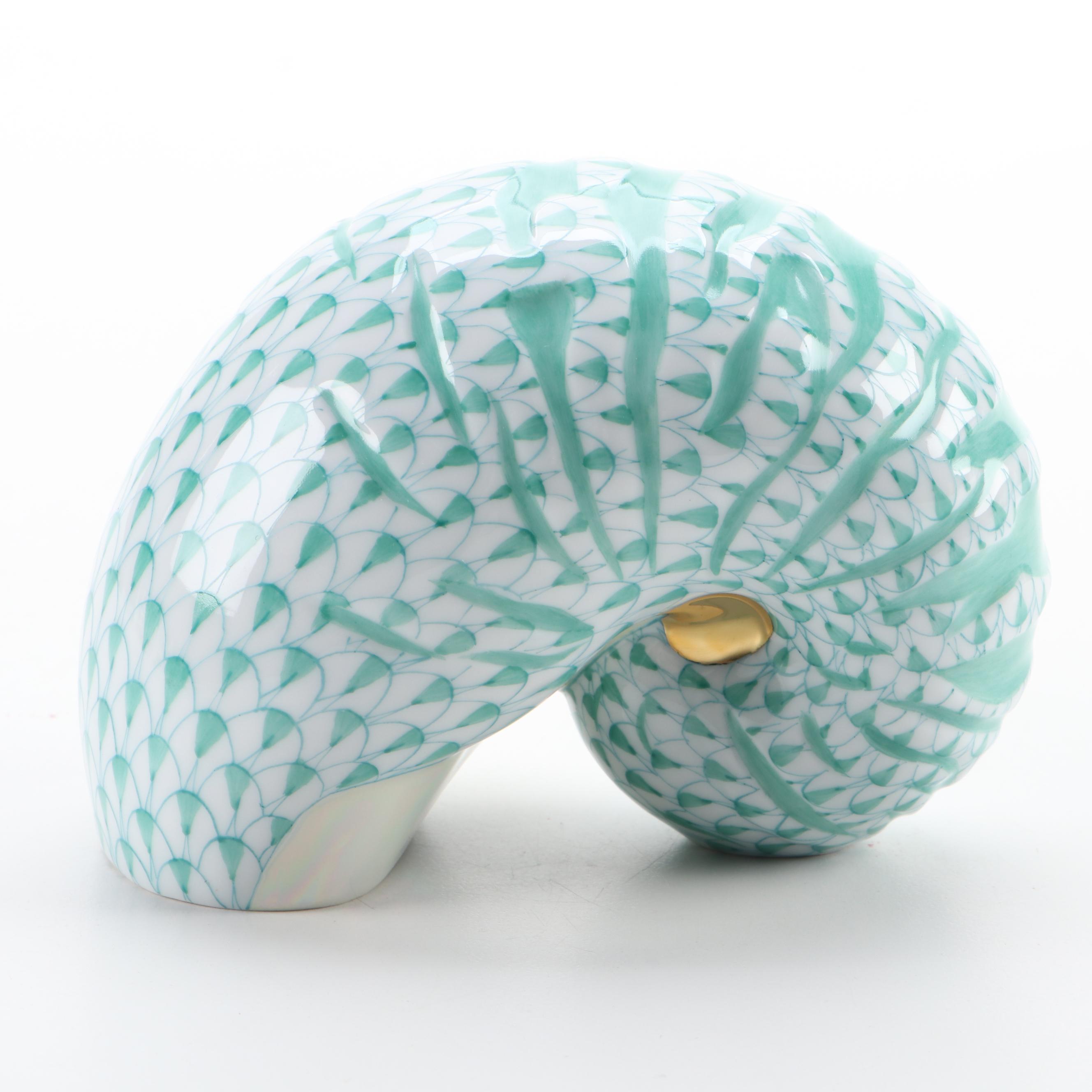 Herend Green Fishnet With Gold "Nautilus Shell" Porcelain Figurine | EBTH