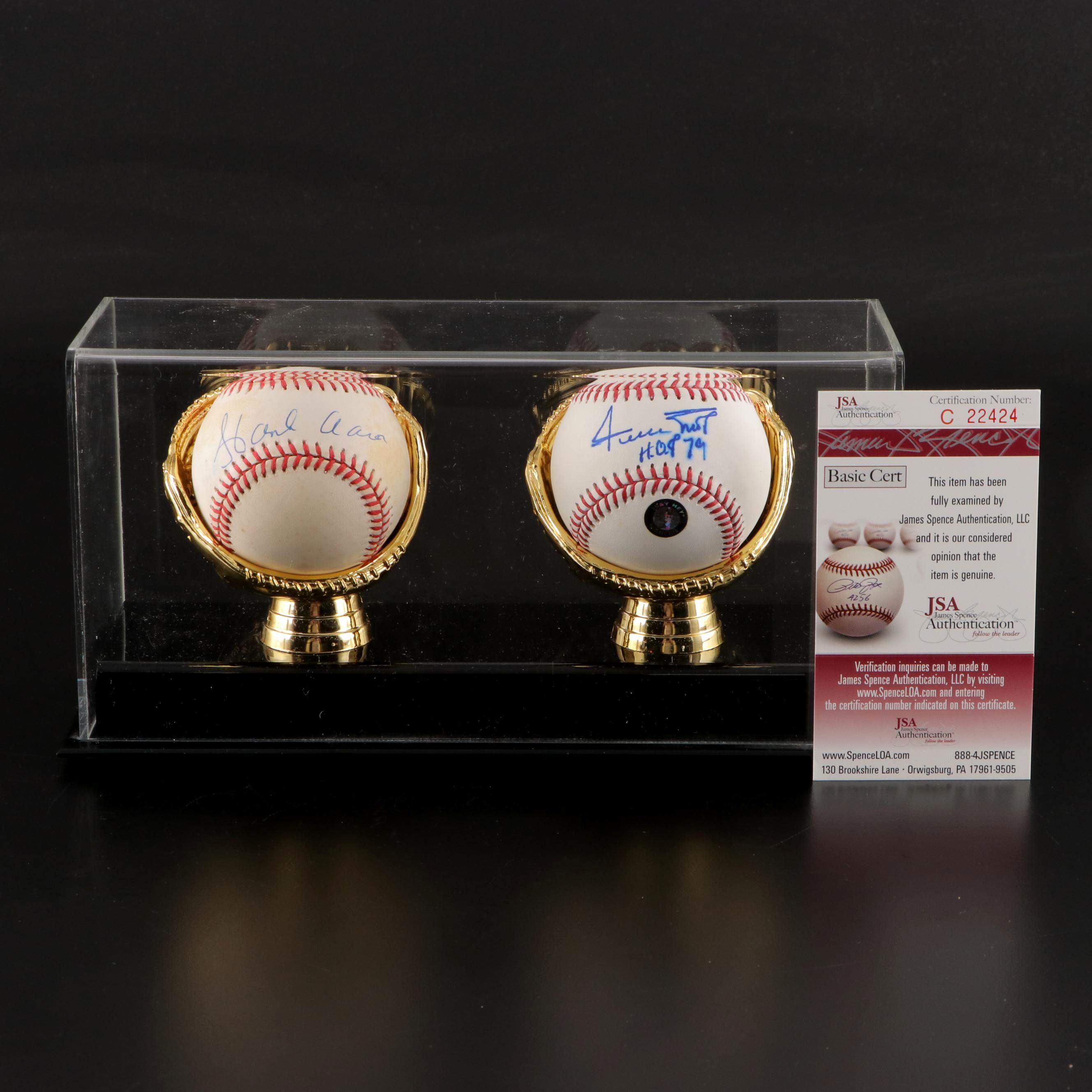 Willie Mays and Hank Aaron Signed Rawlings Baseballs in Glove Display ...