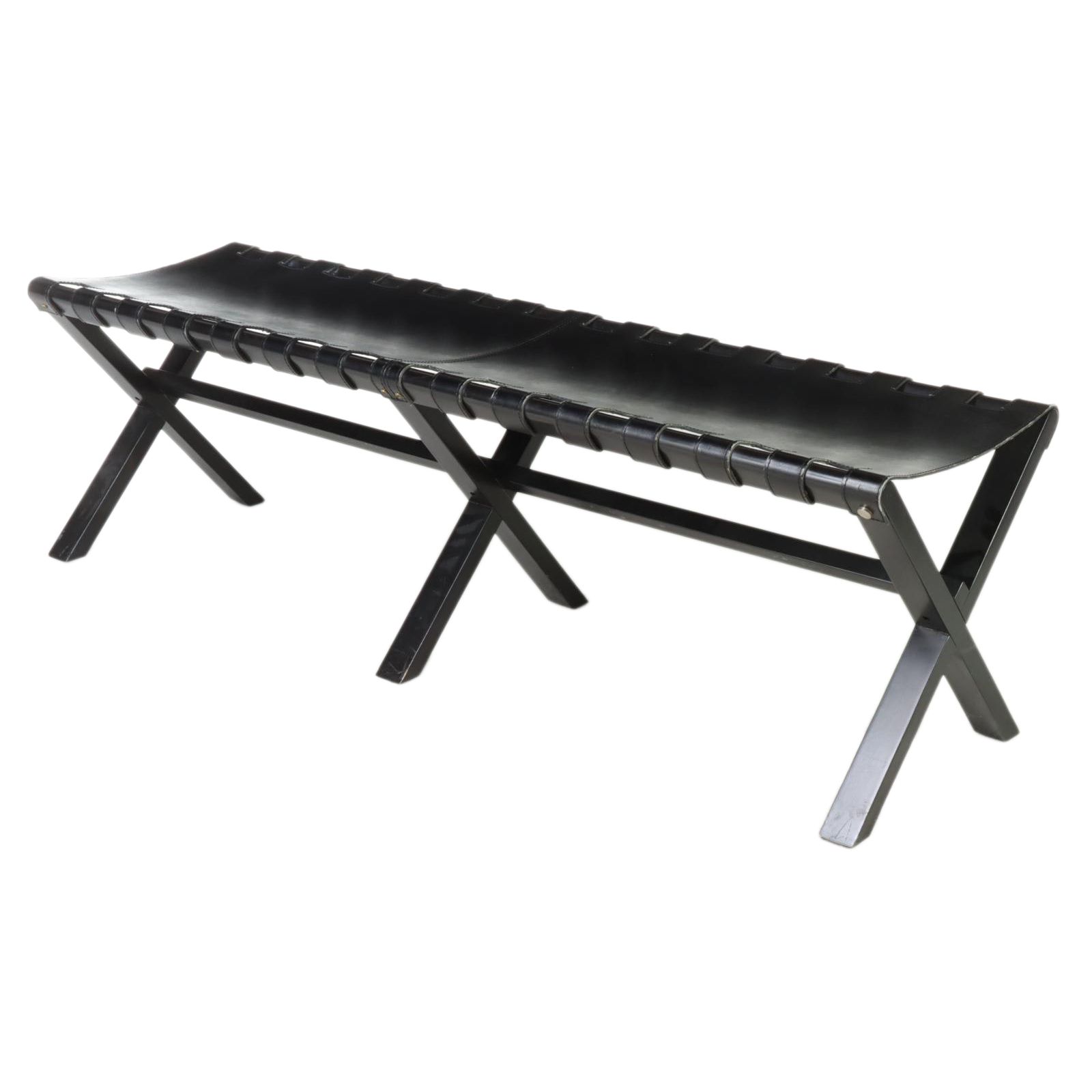 Contemporary Ebonized Beech and Leather Sling X-Base Bench | EBTH