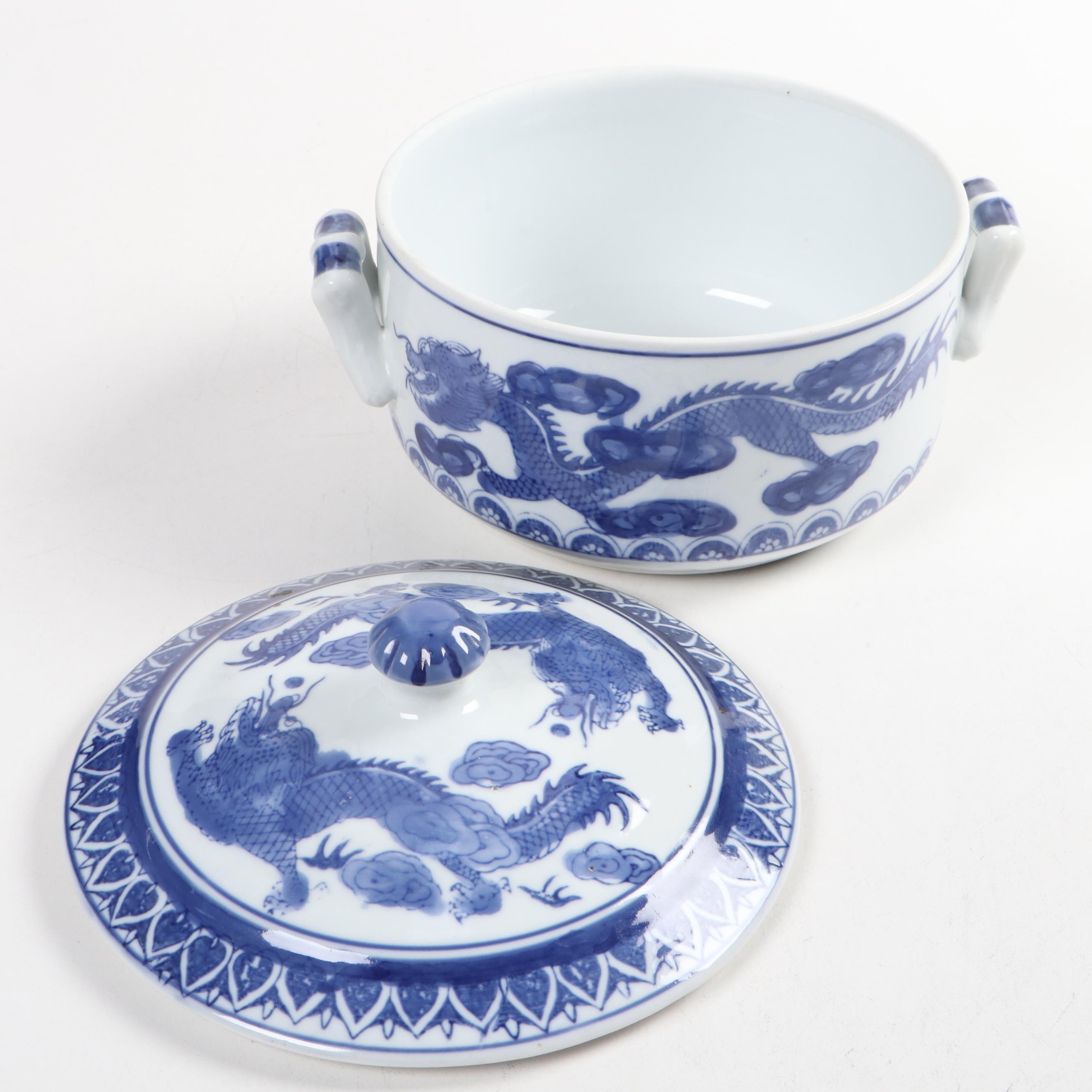 Chinese Blue and White Koi Fish and Dragon Motif Porcelain Covered ...