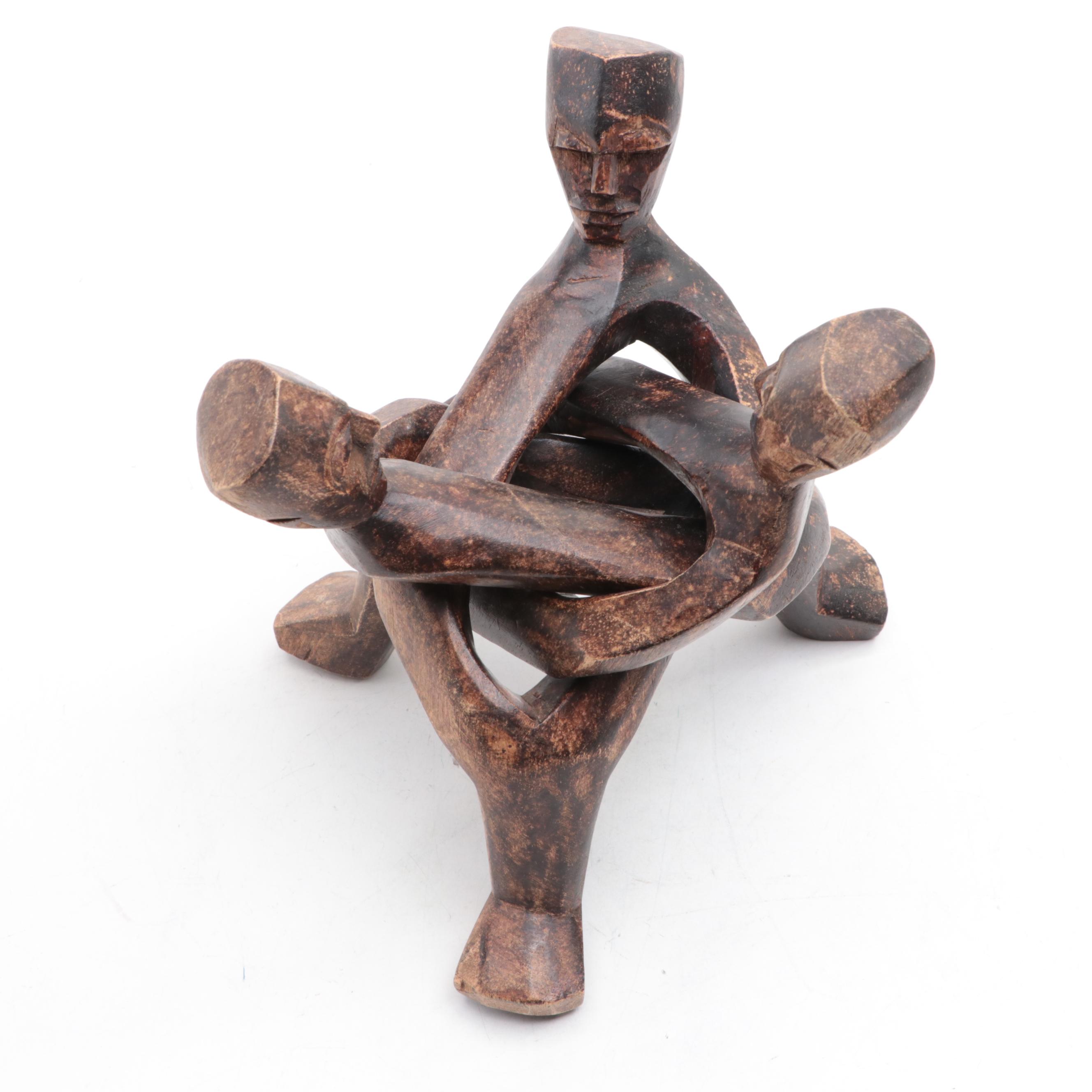 African Carved Wood Interlocking Figures Pedestal | EBTH
