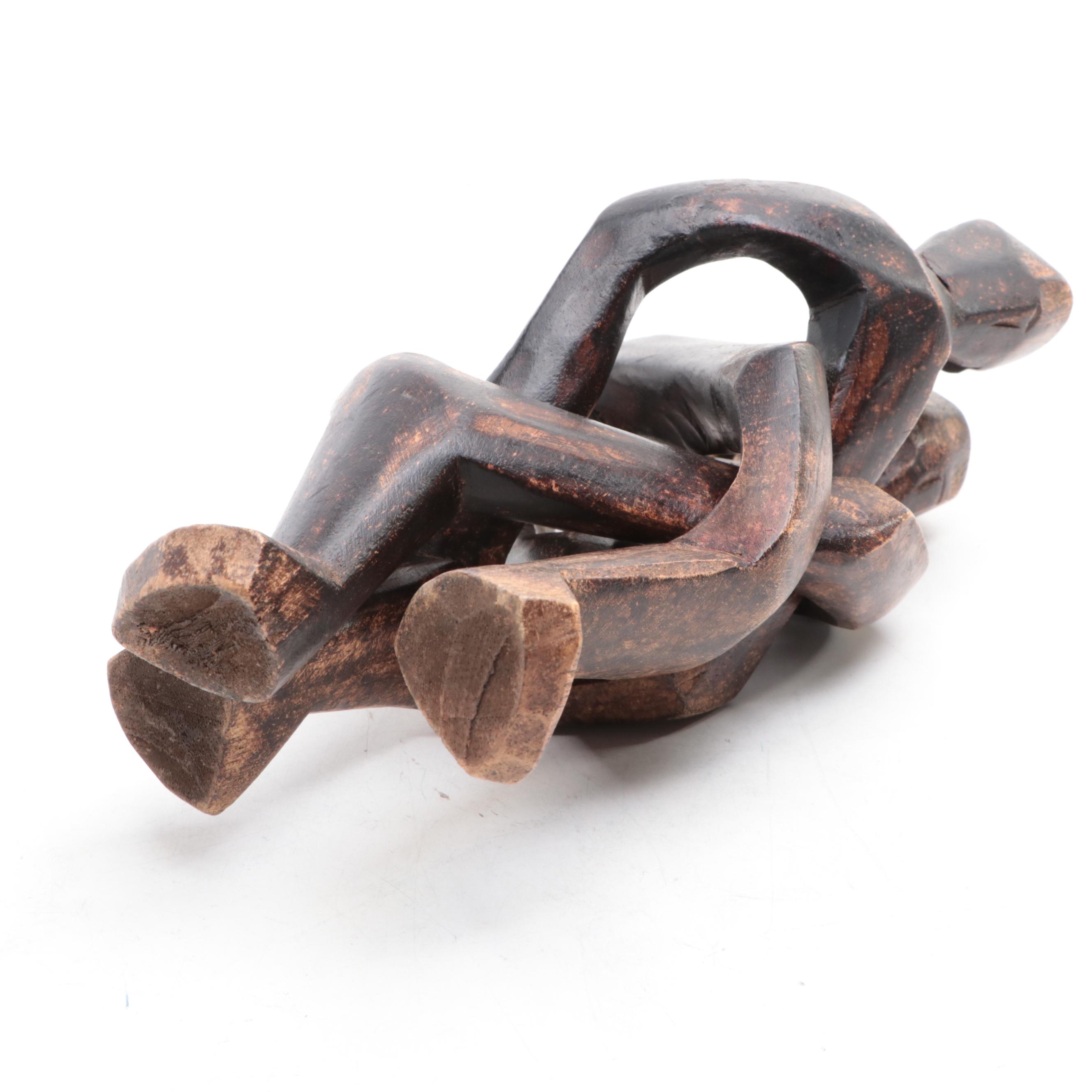 African Carved Wood Interlocking Figures Pedestal | EBTH