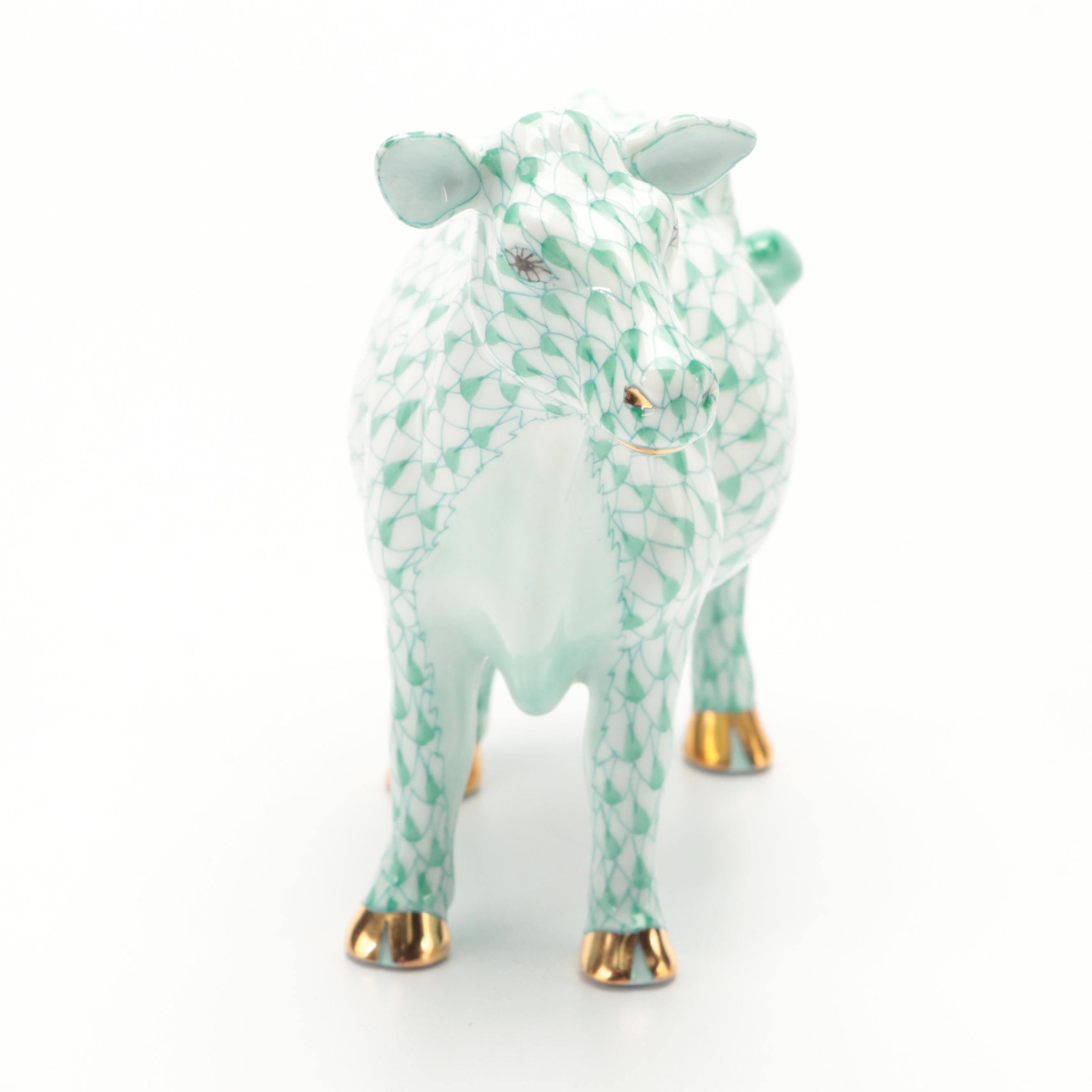 Herend Green Fishnet with Gold "Cow" Porcelain Figurine | EBTH