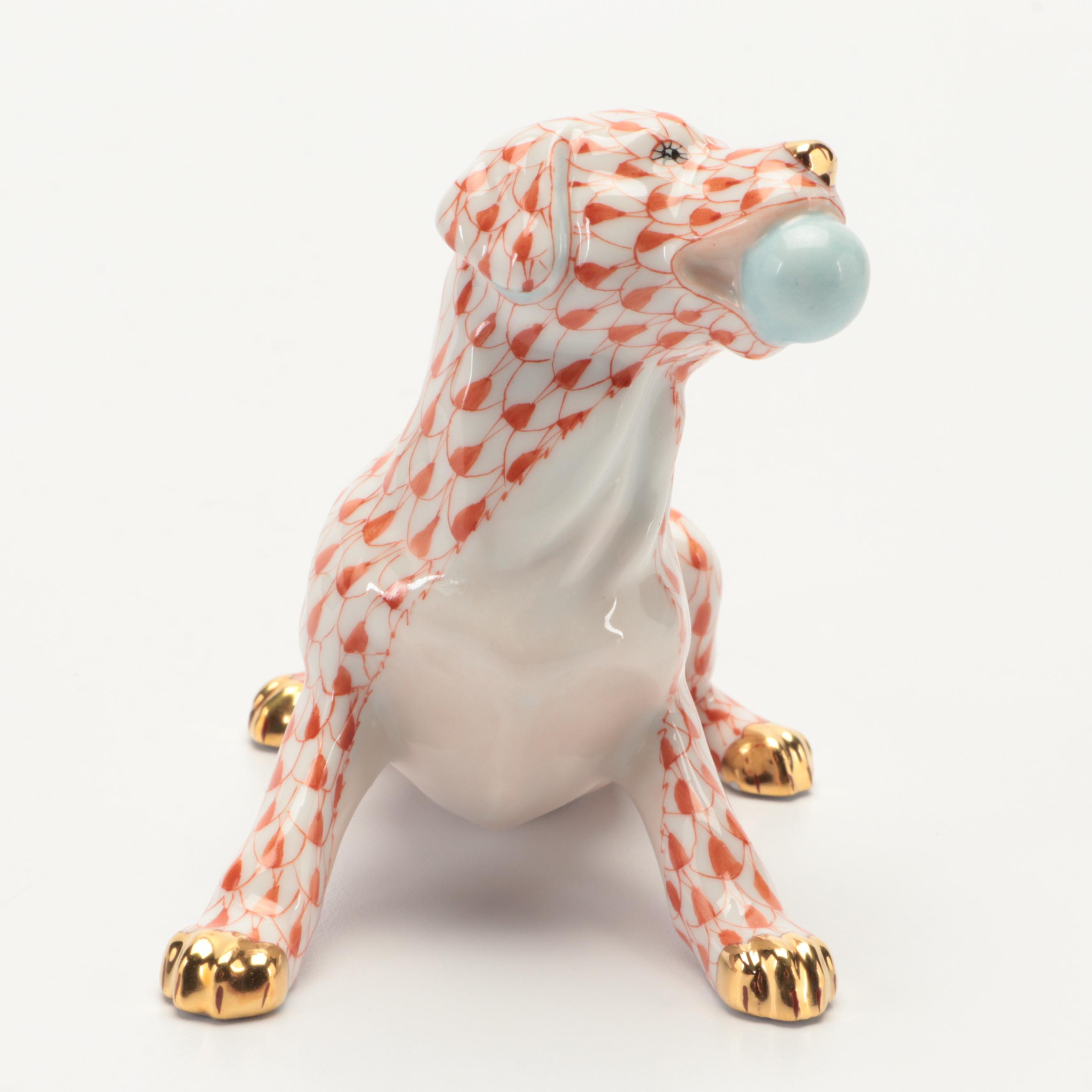 Herend Rust Fishnet with Gold "Labrador with Ball" Porcelain Figurine ...