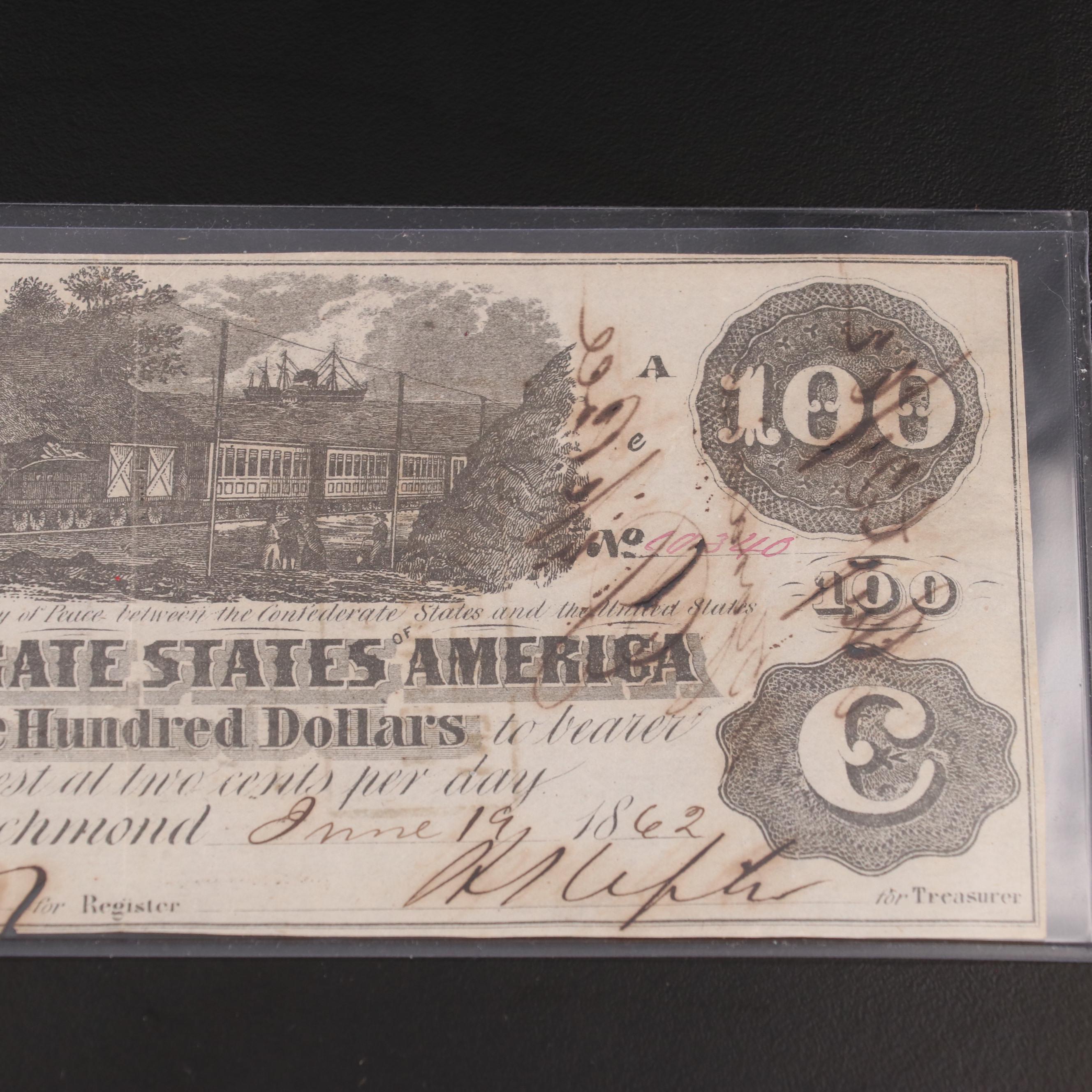 1862 $100 Confederate States of America Obsolete Currency Note | EBTH