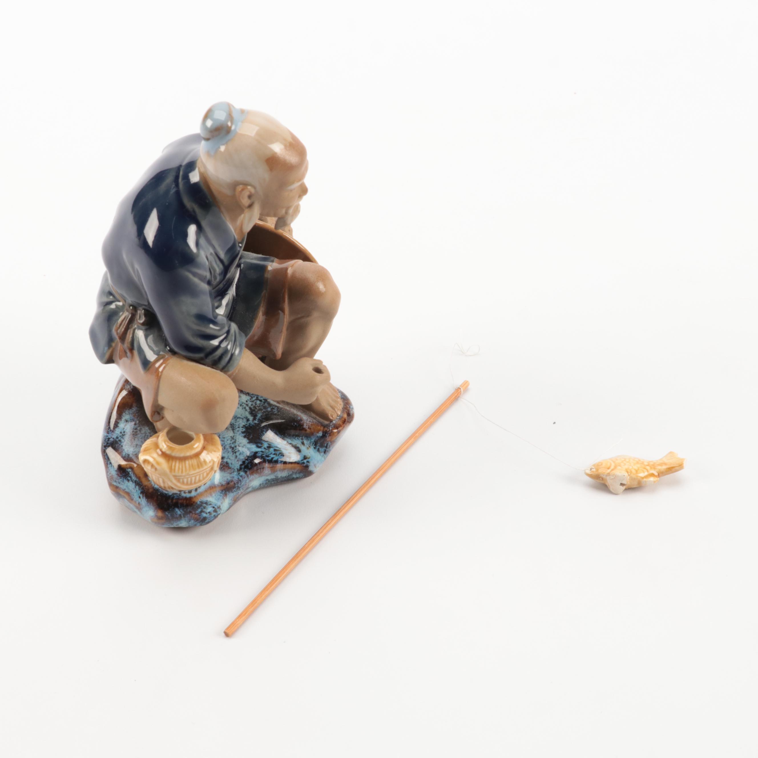 Chinese Shiwan Ware Figure of Fisherman with Stangl Pottery Birds | EBTH