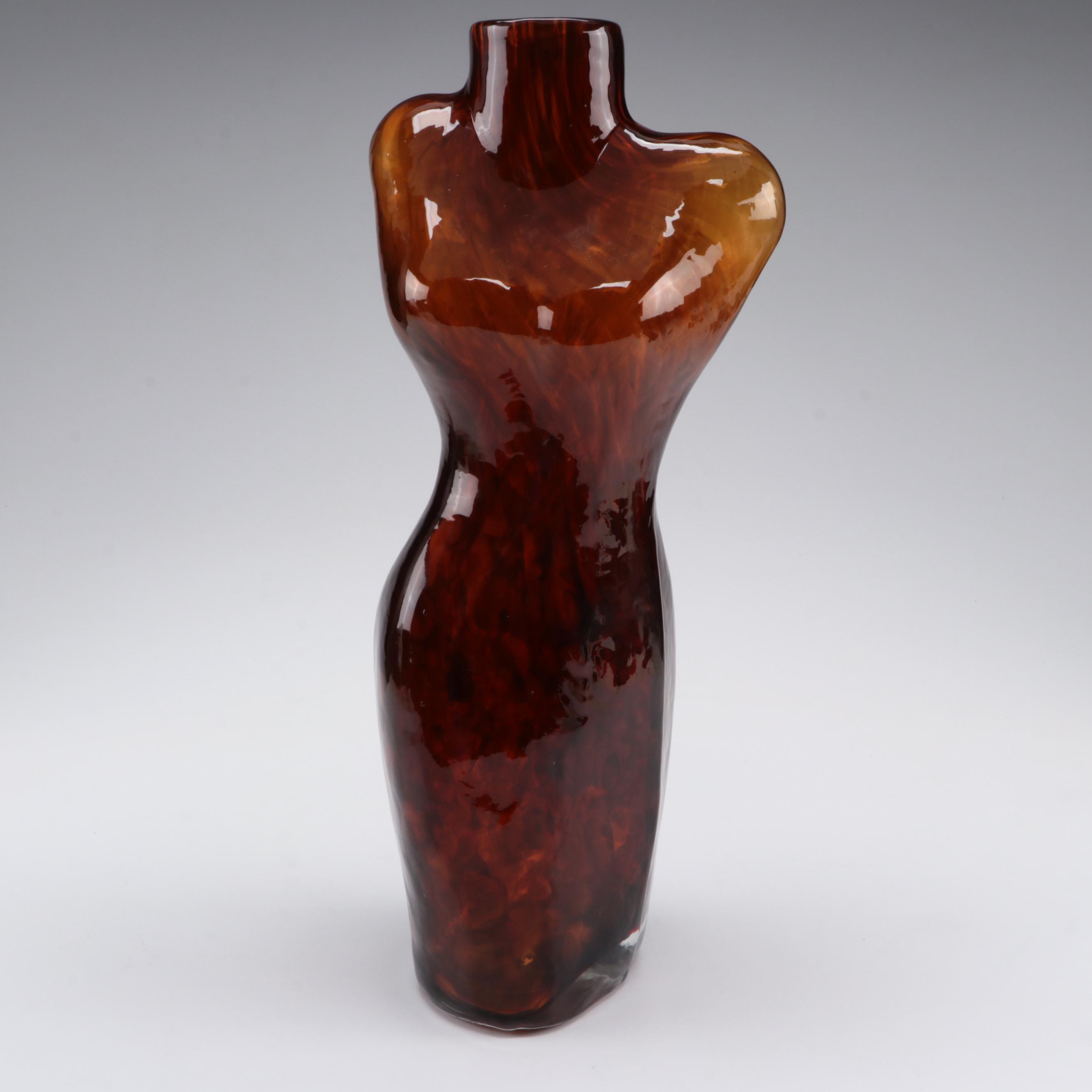 Mold-Blown Tortoise-Effect Amber Glass Figural Female Torso Vase | EBTH
