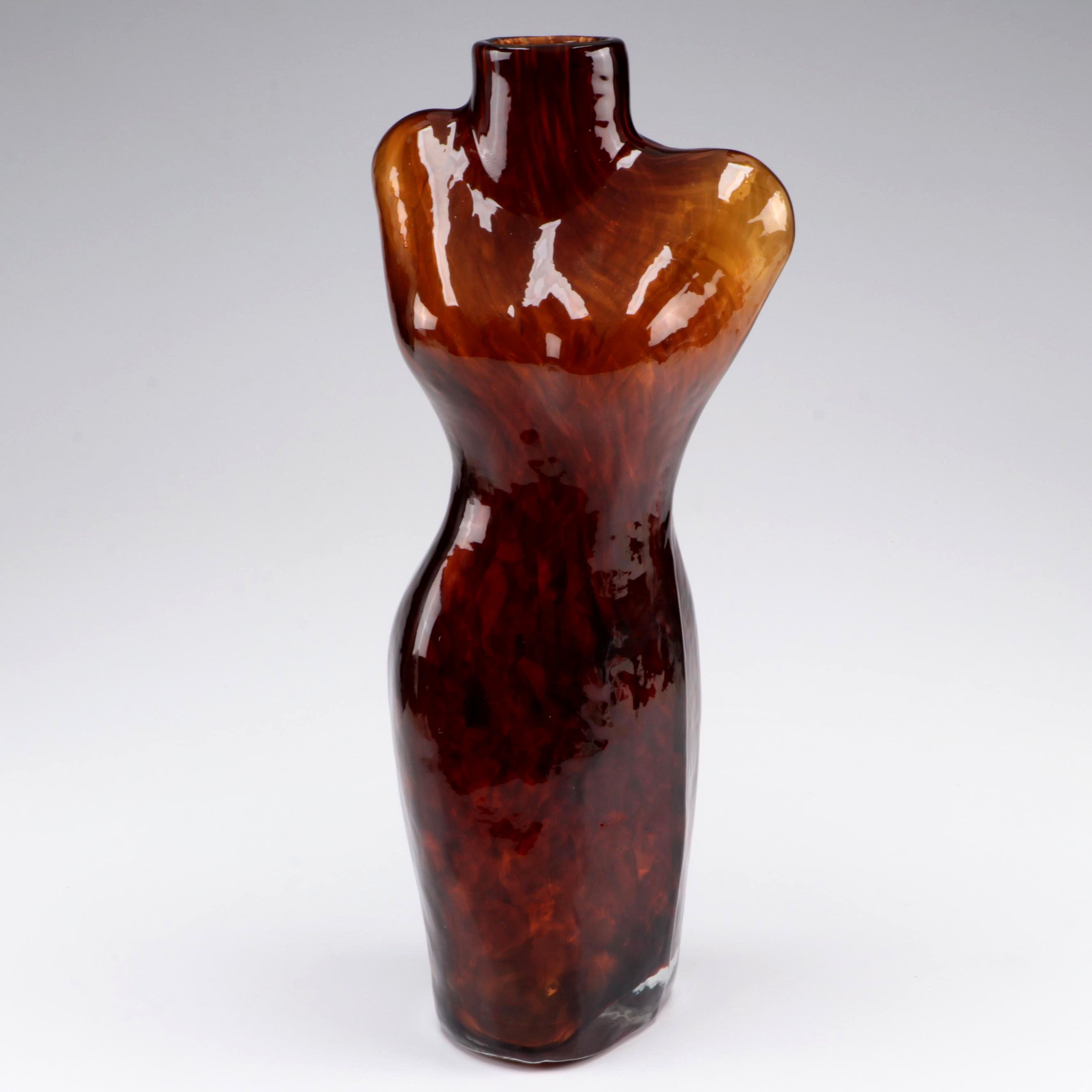 Mold-Blown Tortoise-Effect Amber Glass Figural Female Torso Vase | EBTH