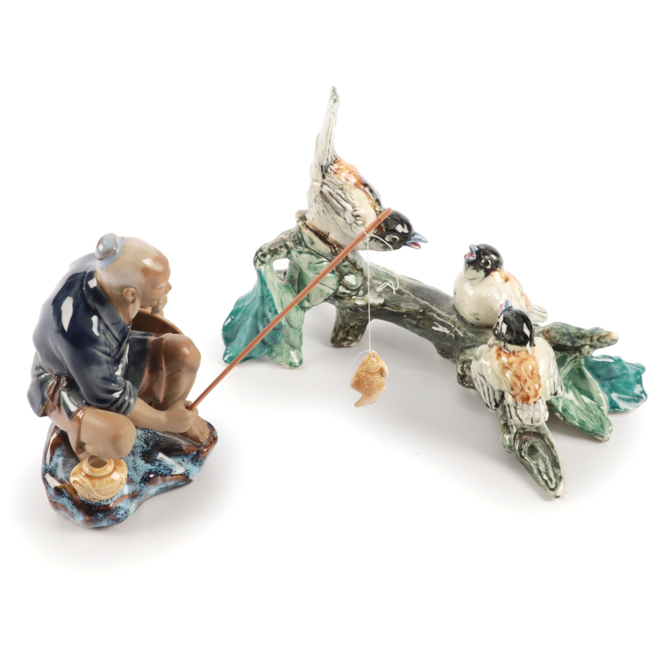 Chinese Shiwan Ware Figure of Fisherman with Stangl Pottery Birds | EBTH