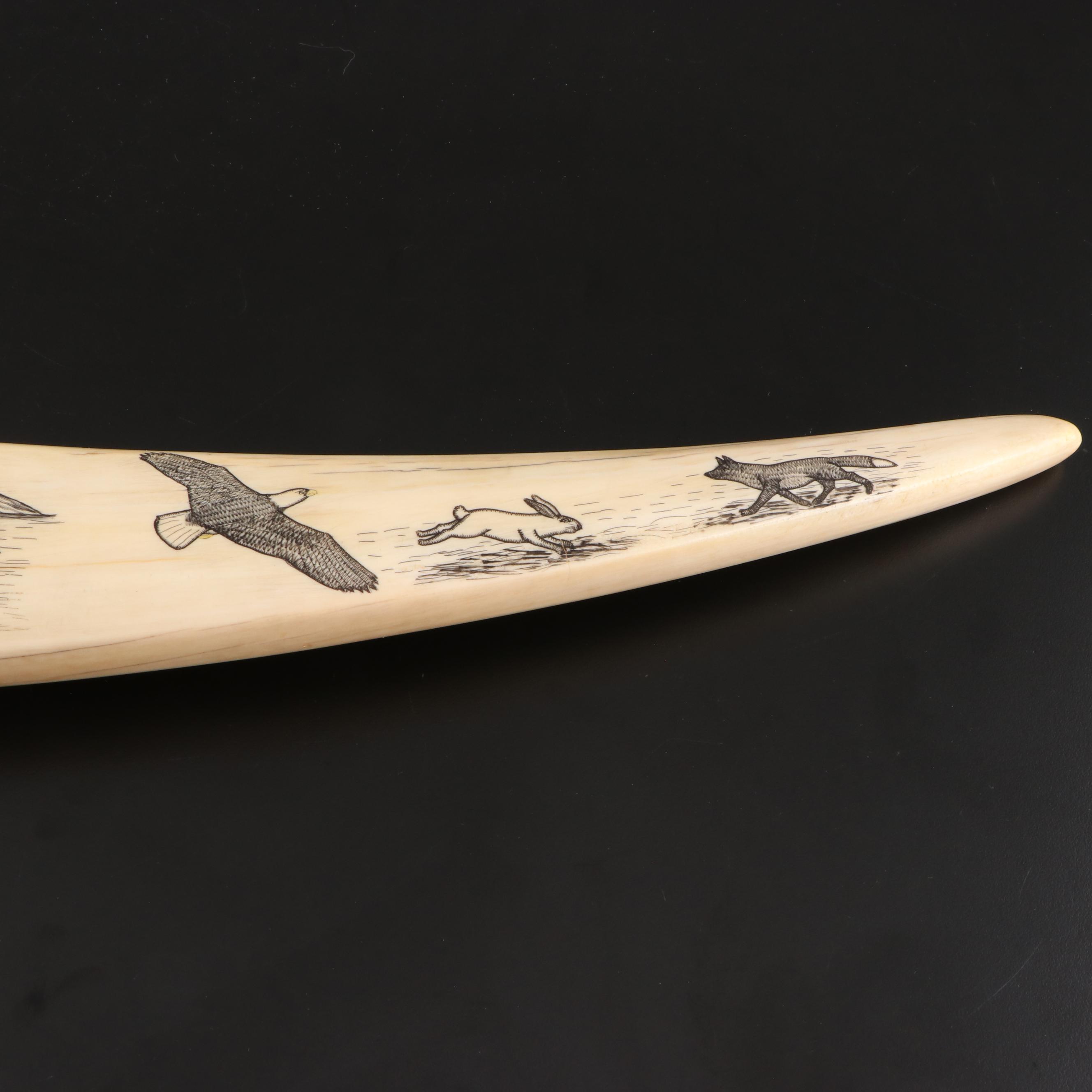 Peter Mayac Alaskan Inuit Scrimshaw Carved Walrus Tusk, 20th Century | EBTH