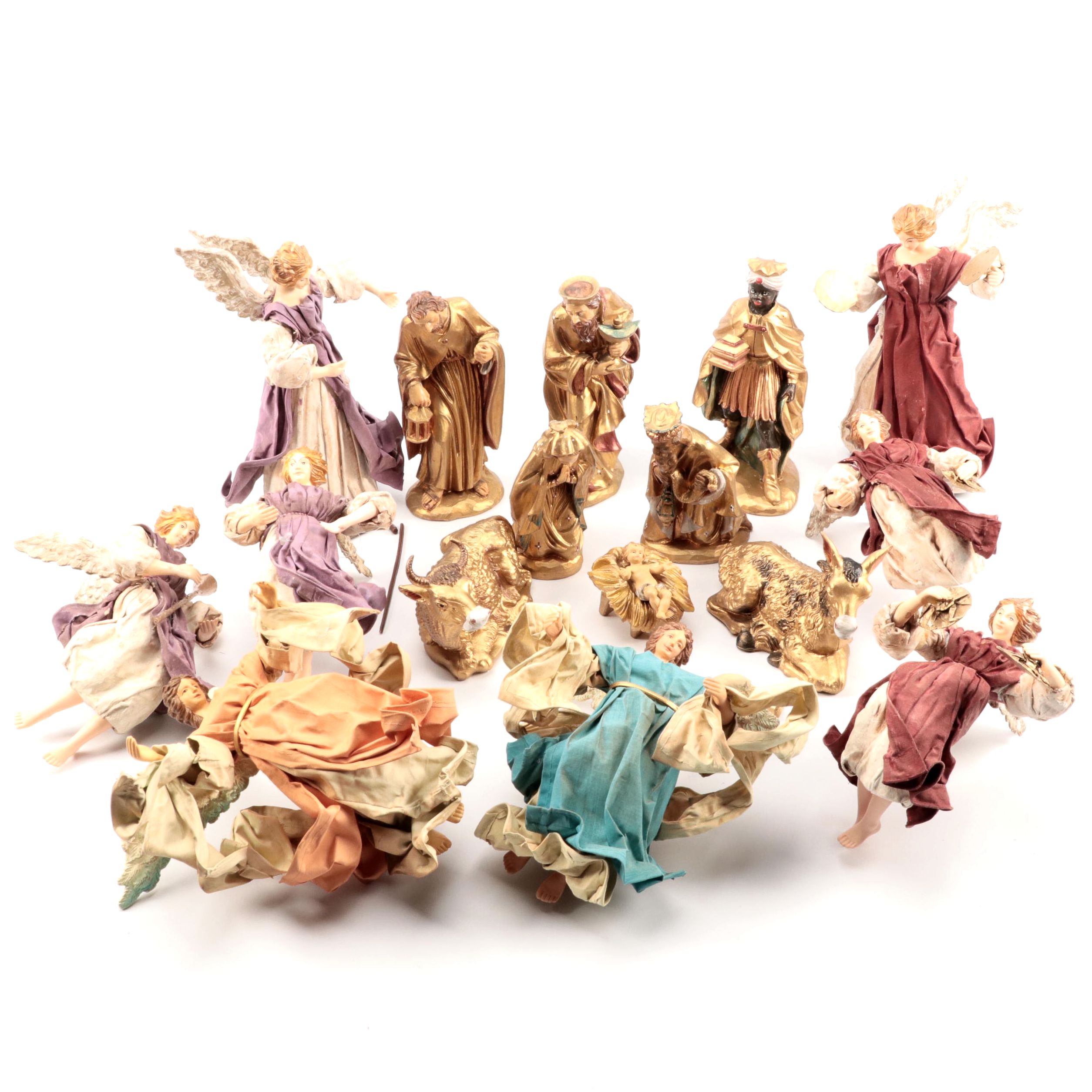 Italian Gilt Resin Nativity Figures and Taiwan Angels with Hand-Painted ...