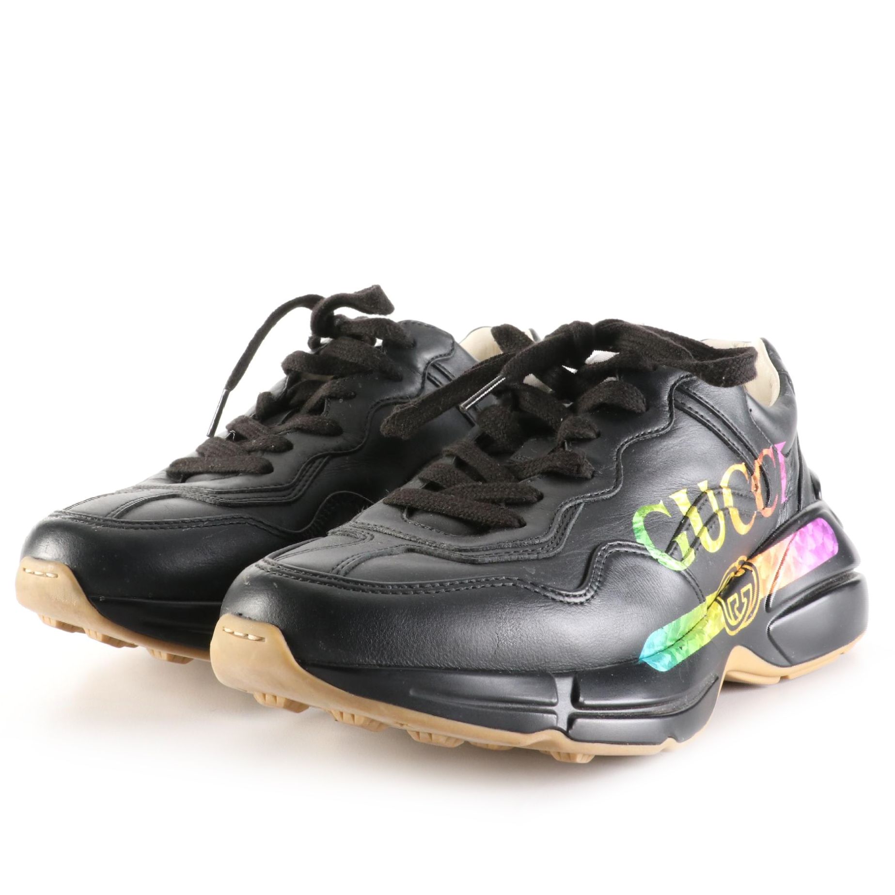 Men's Gucci Rhyton Trainer Sneakers in Black Leather with Metallic ...