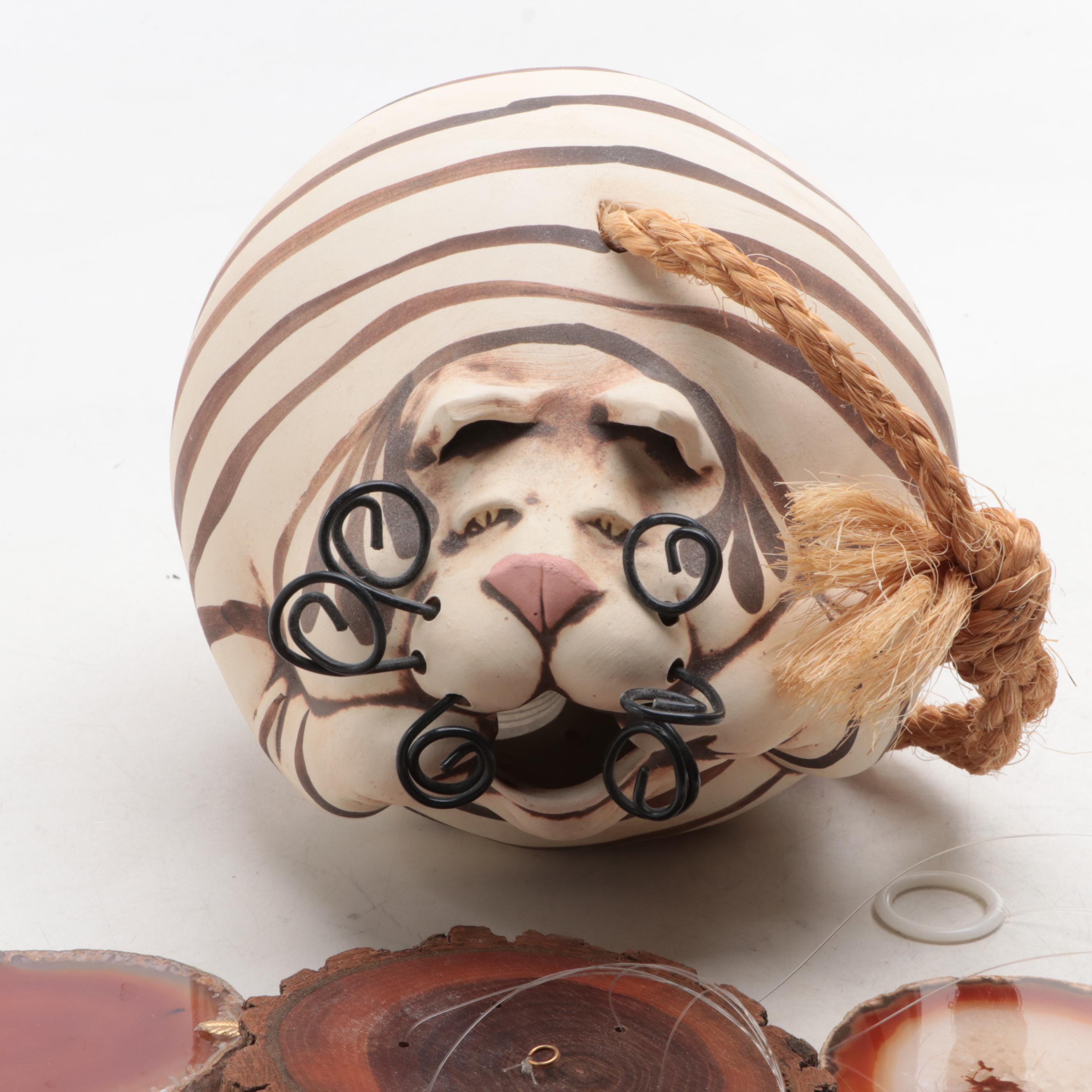 C. Butler Jones Art Pottery Cat Wren House With Agate Slice Wind Chime ...