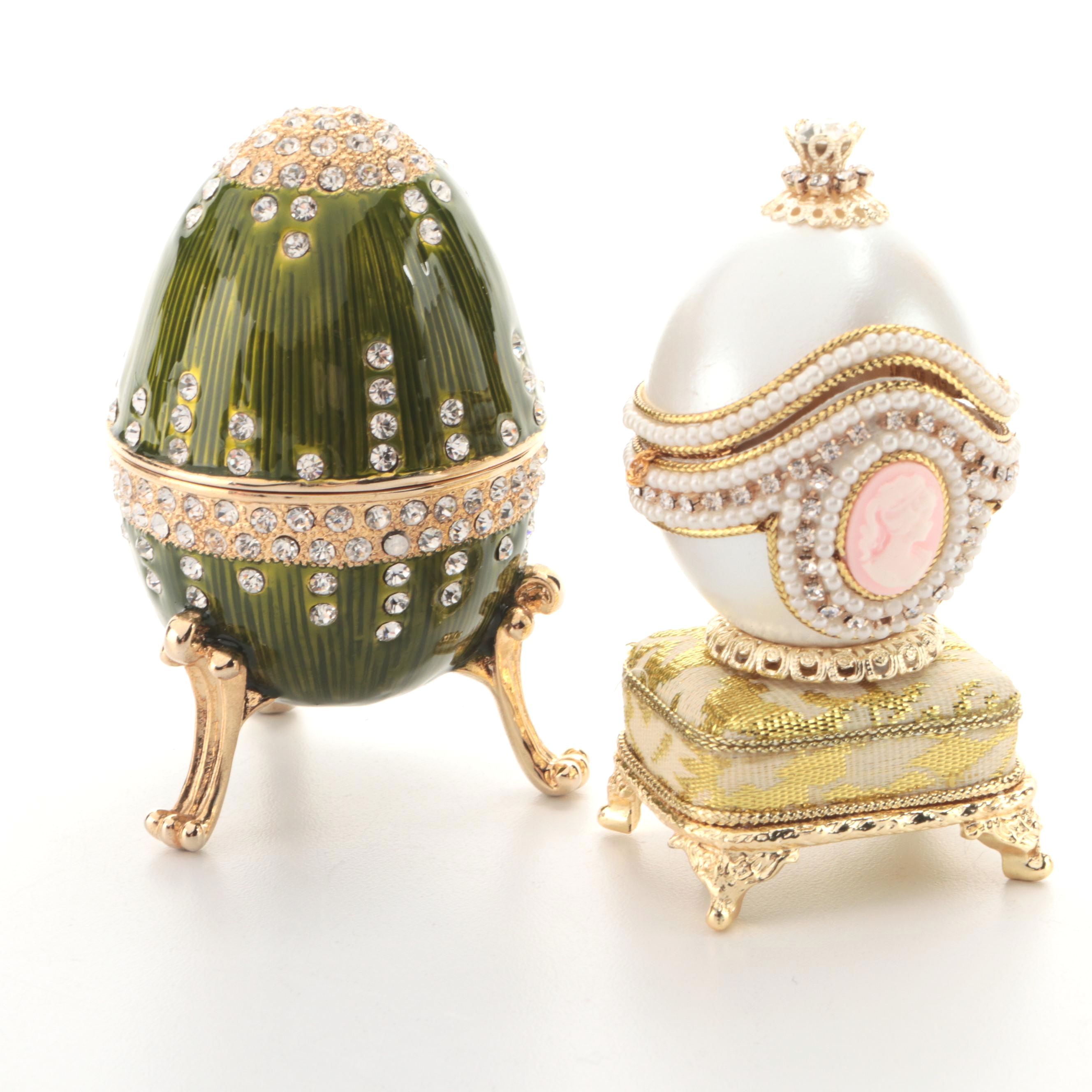 Jere Cameo Duck Egg and Music Box Egg Bejeweled Trinket Boxes | EBTH