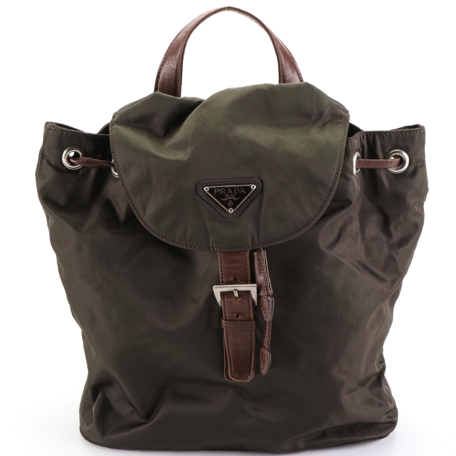 Prada Chain Strap Backpack in Green Nylon and Brown Leather ...