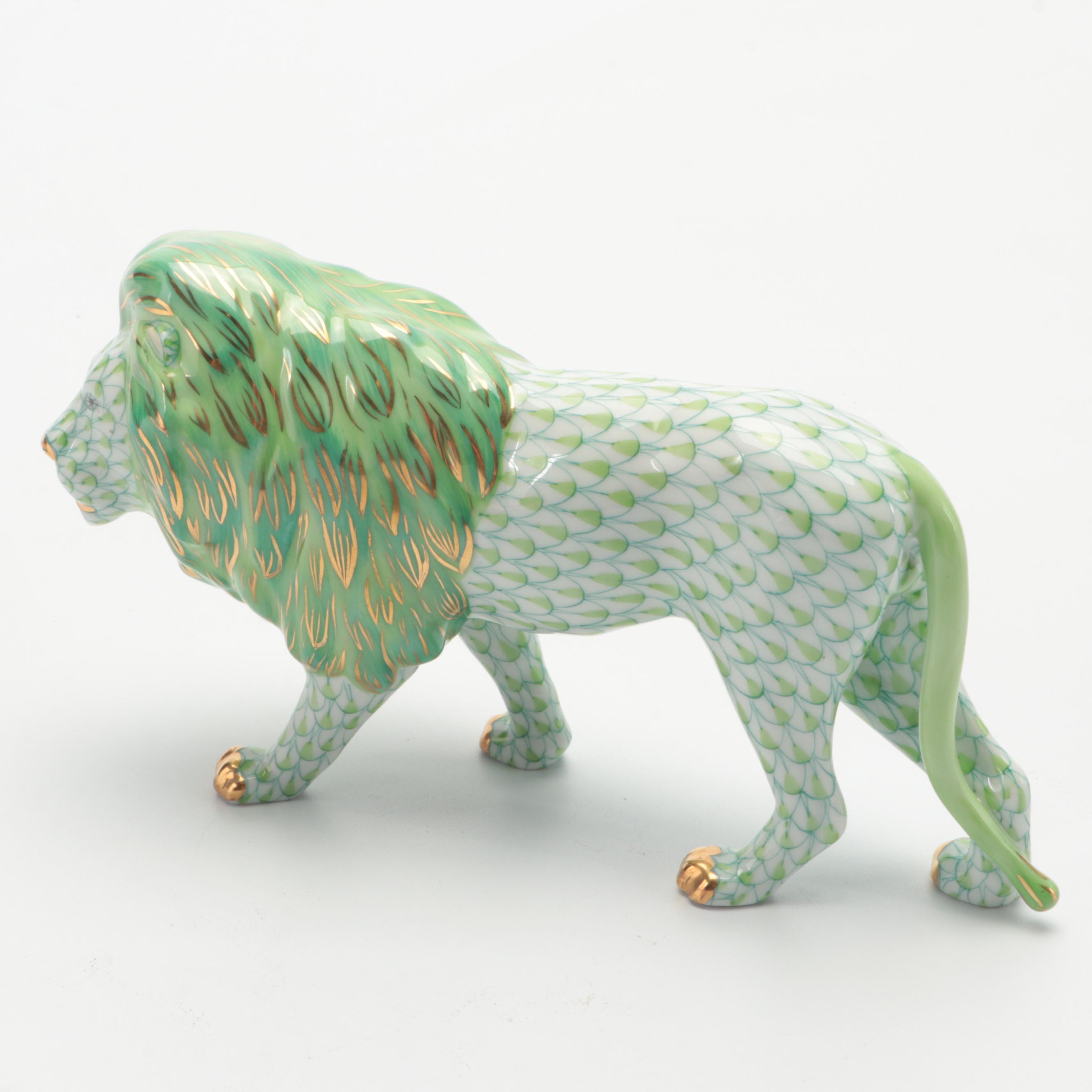 Herend Key Lime Fishnet and Gold "Standing Lion" Porcelain Figurine | EBTH