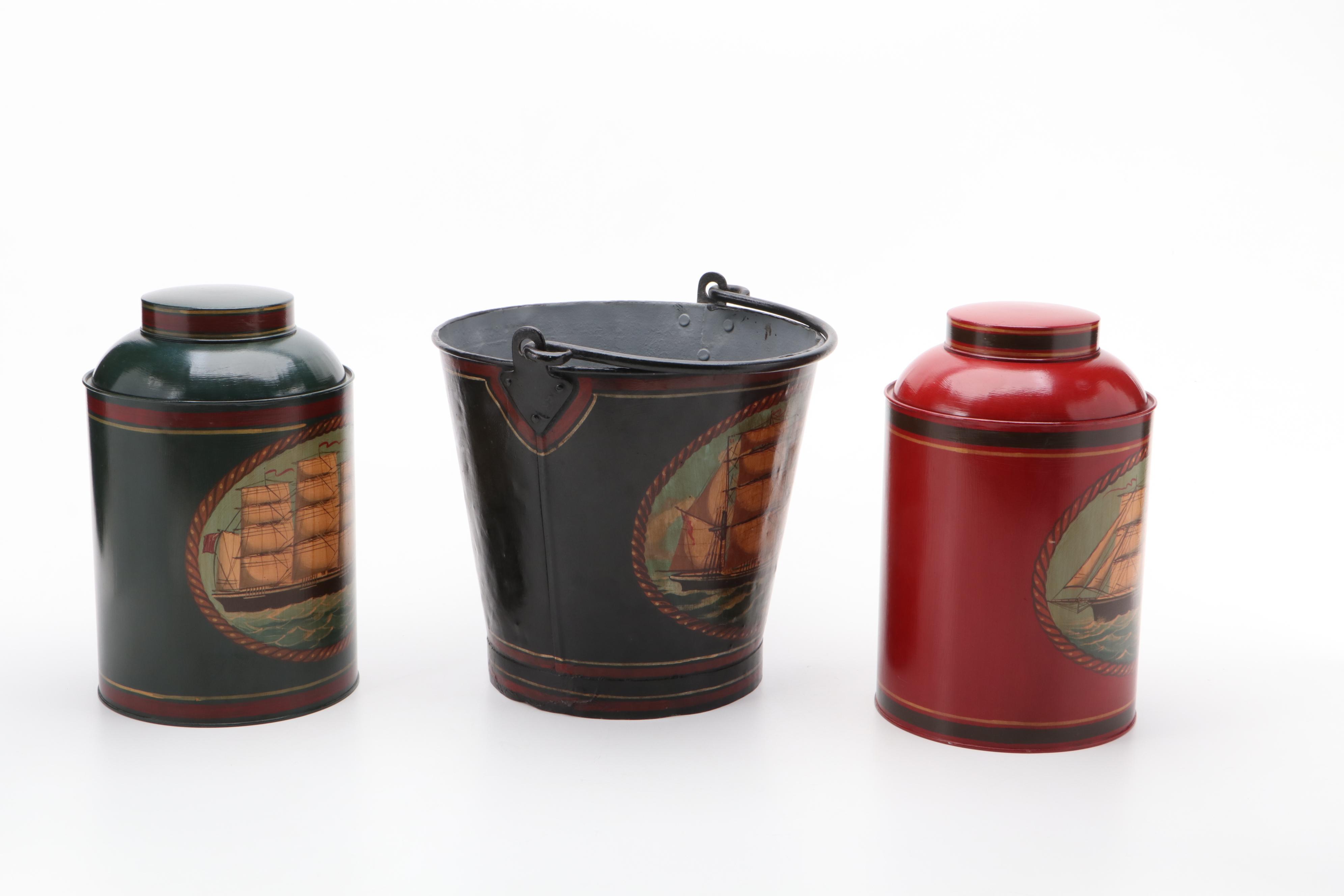 Clipper Ship Tole Painted Metal Tea Canisters and Bucket | EBTH