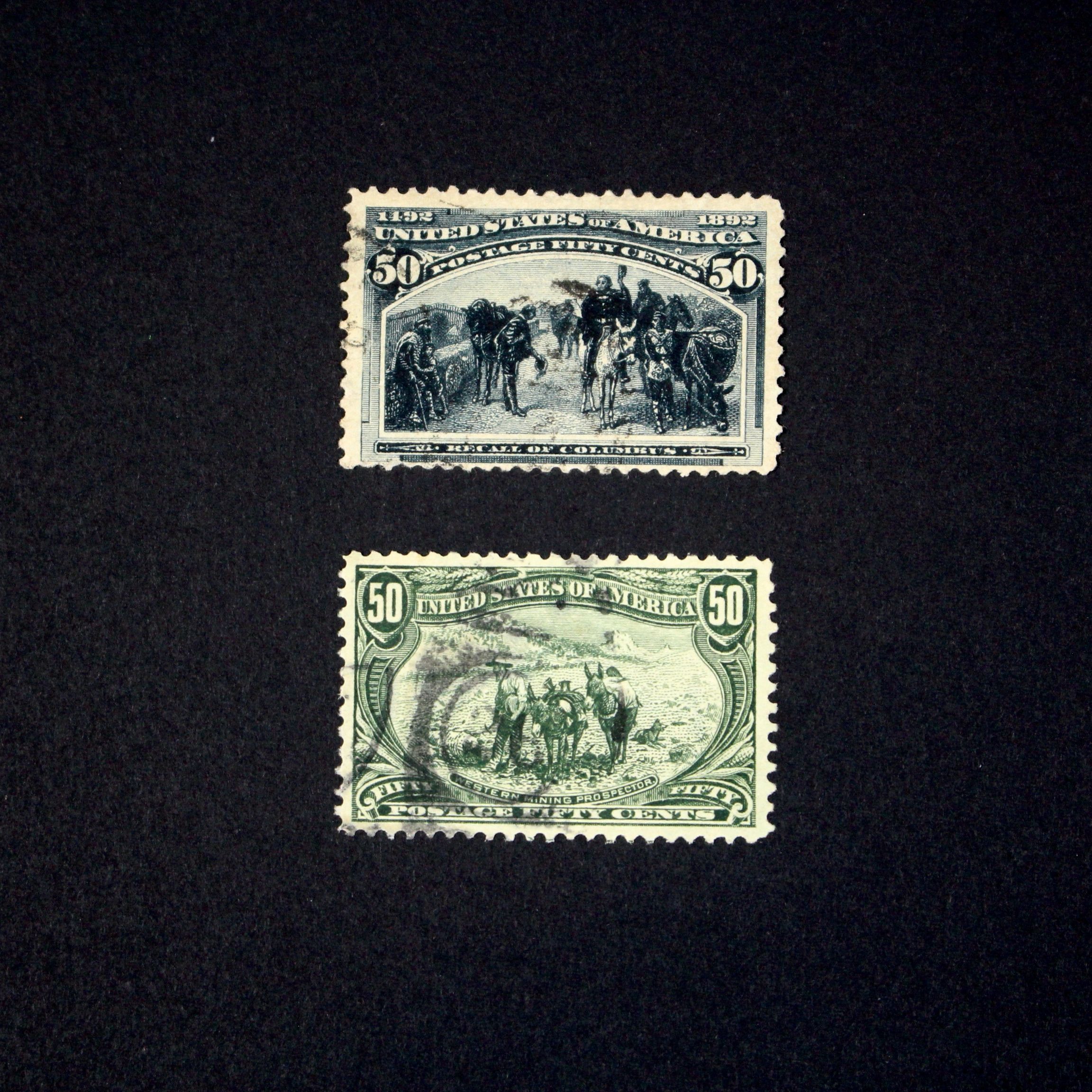 Two 50-Cent Postage Stamps From Columbian and Trans-Mississippi Series ...