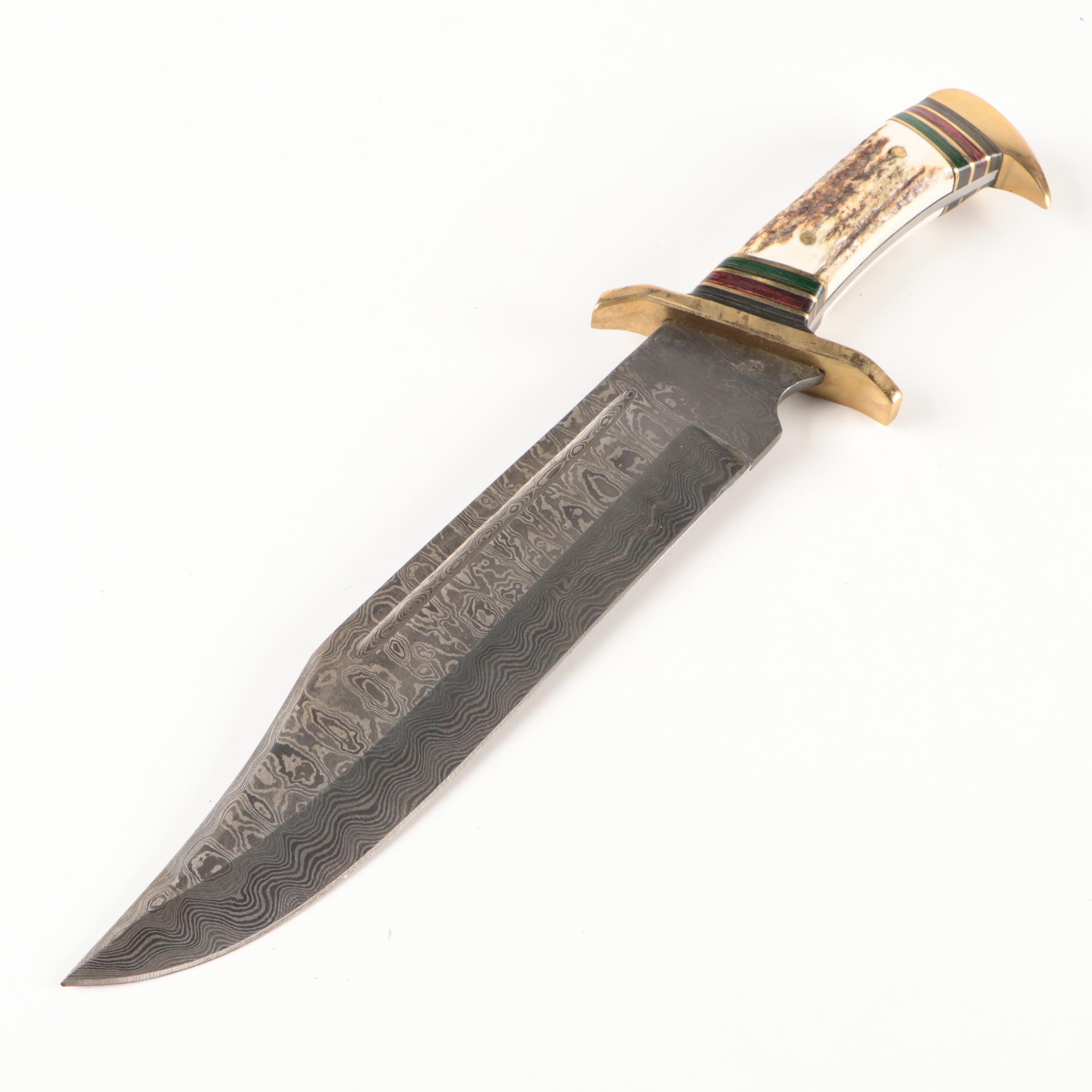 Timber Rattler Damascus Steel Knife with Stag Handle and Leather Sheath ...
