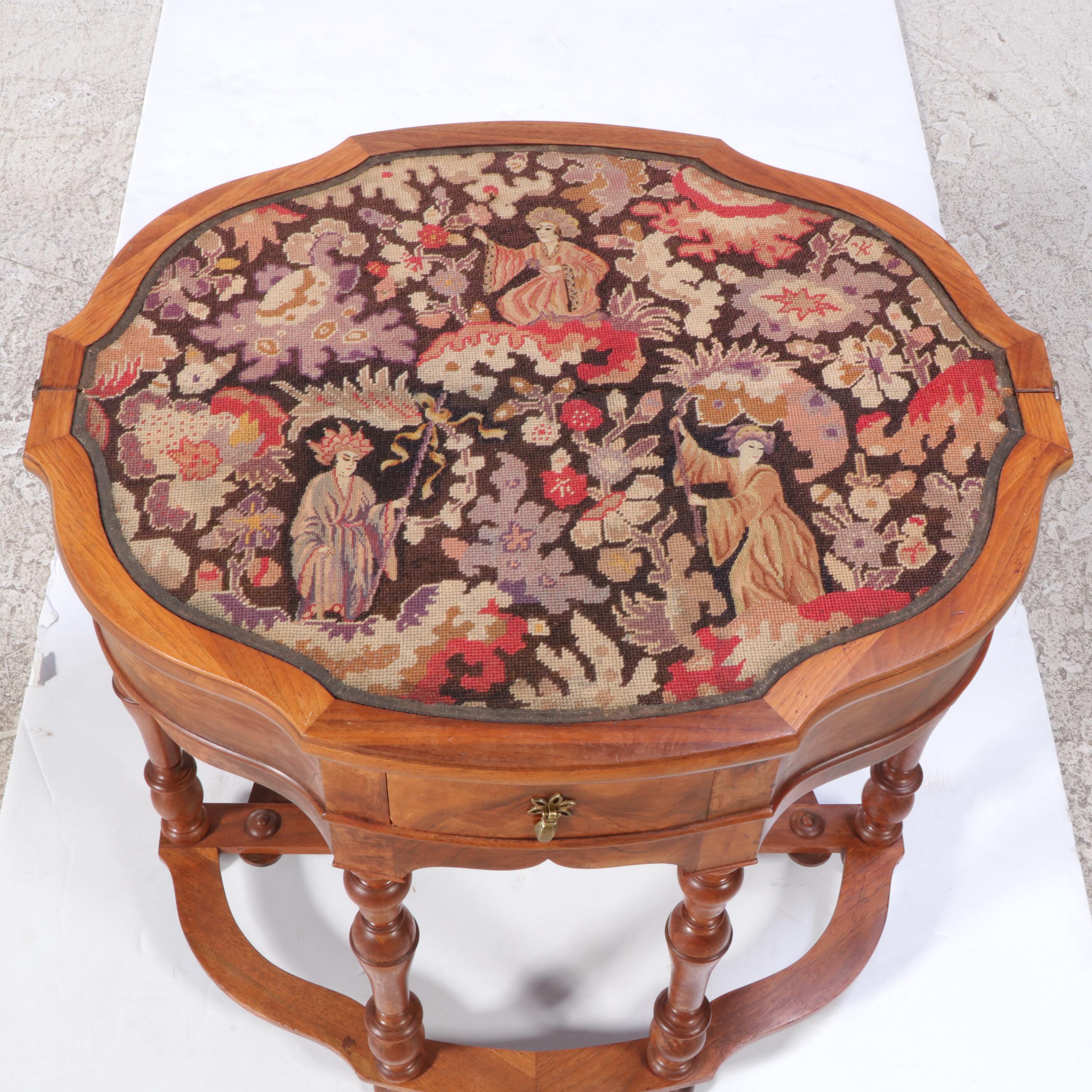 William and Mary Style Walnut, Burl Walnut, and Needlepoint Games Table ...