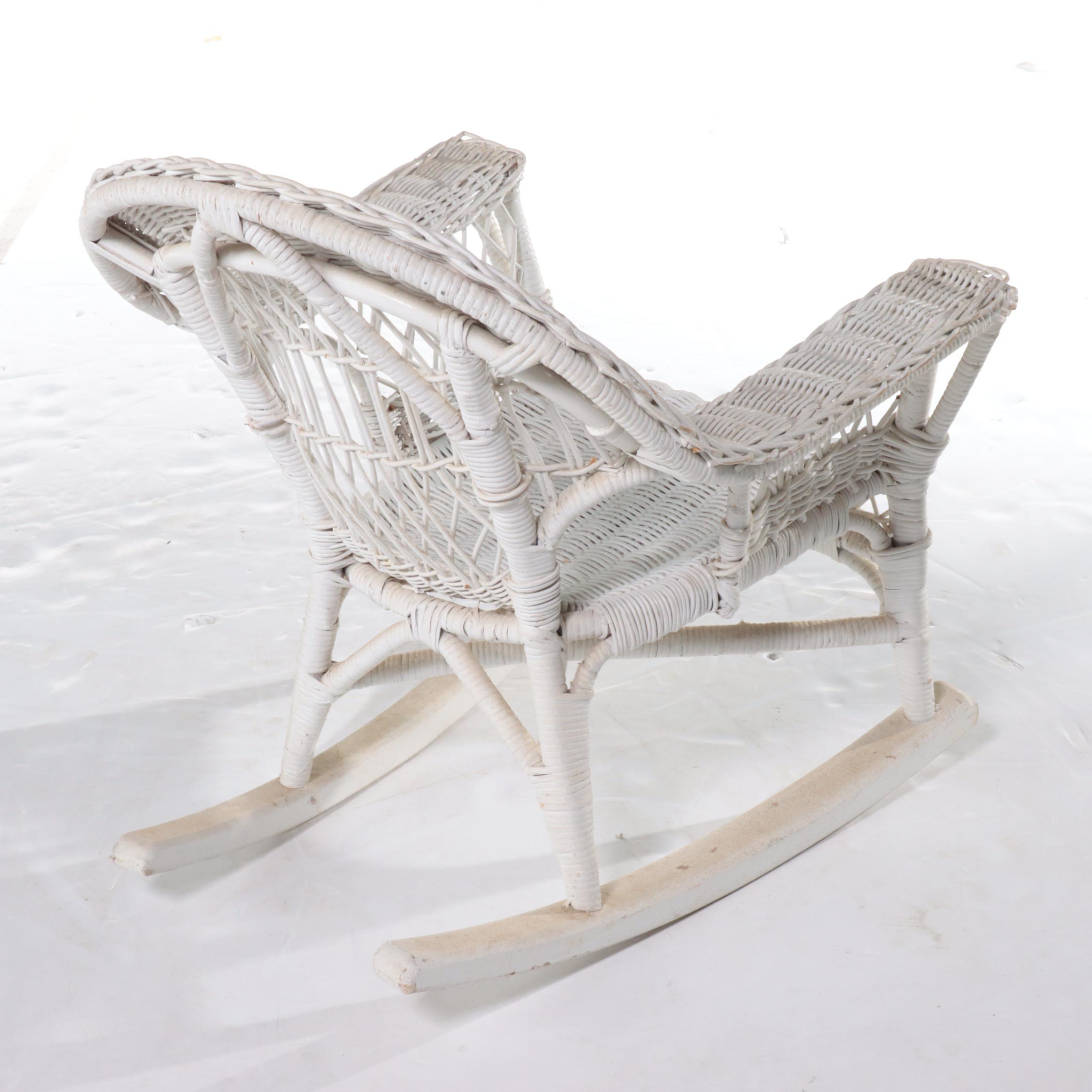 White-Painted Wicker Child's Rocker Plus Three-Tier Shelving Unit and ...