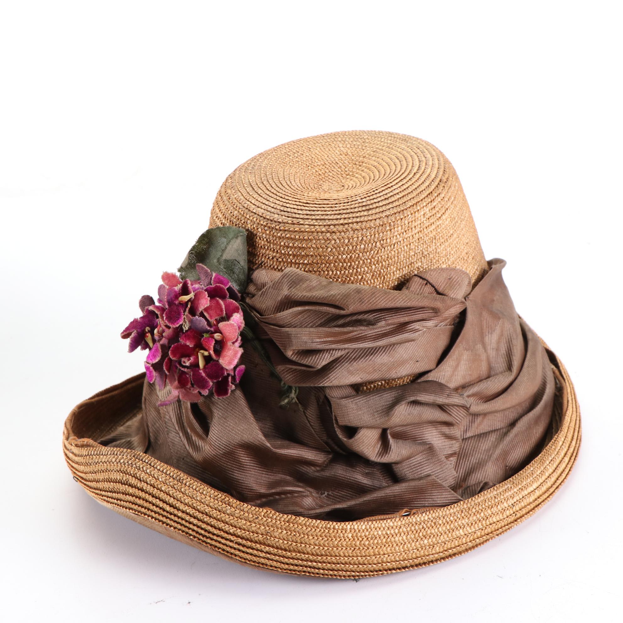 Antique Woven Straw Floral Hat and Military Hat with Wig, Ribbons, and ...