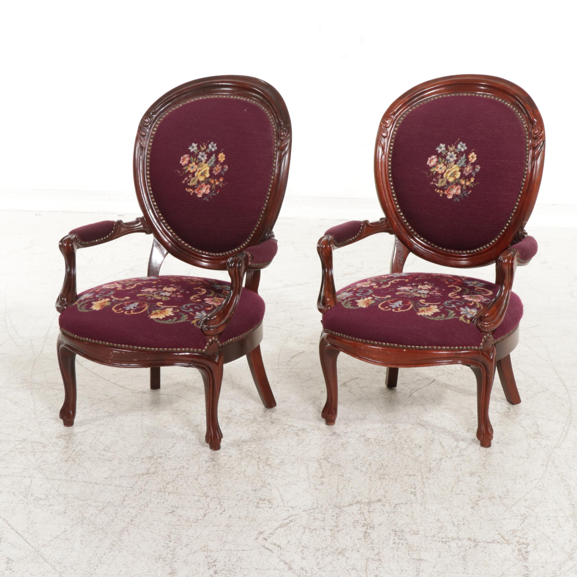 Victorian Rococo Style Armchairs with Needlepoint Backs and Seats | EBTH