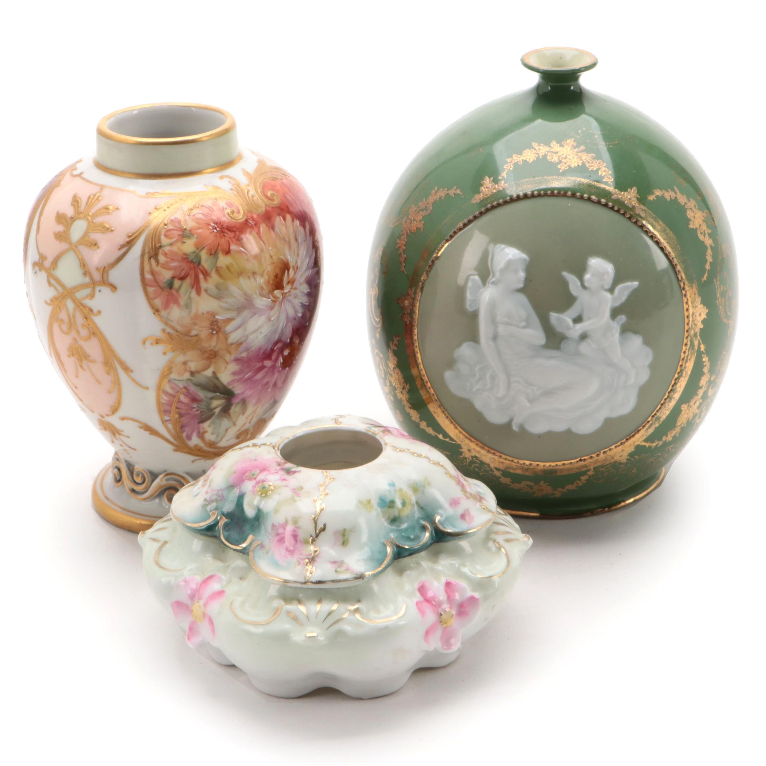 KPM with German Pâte-sur-Pate Porcelain Vases with Other Hair Receiver ...