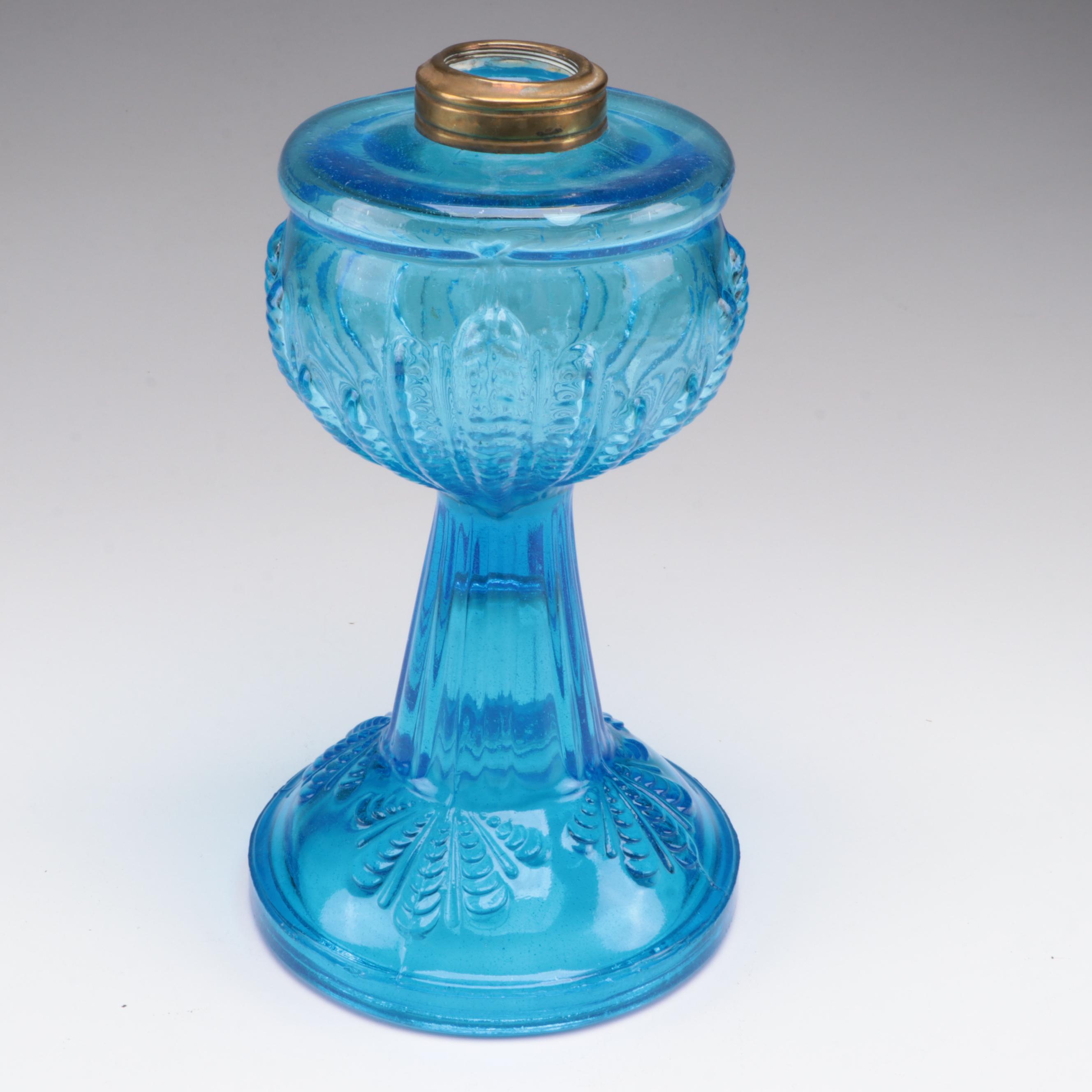 Palmetto Style Glass With Blue Pressed Glass Oil Lamp Fonts, Late 19th ...