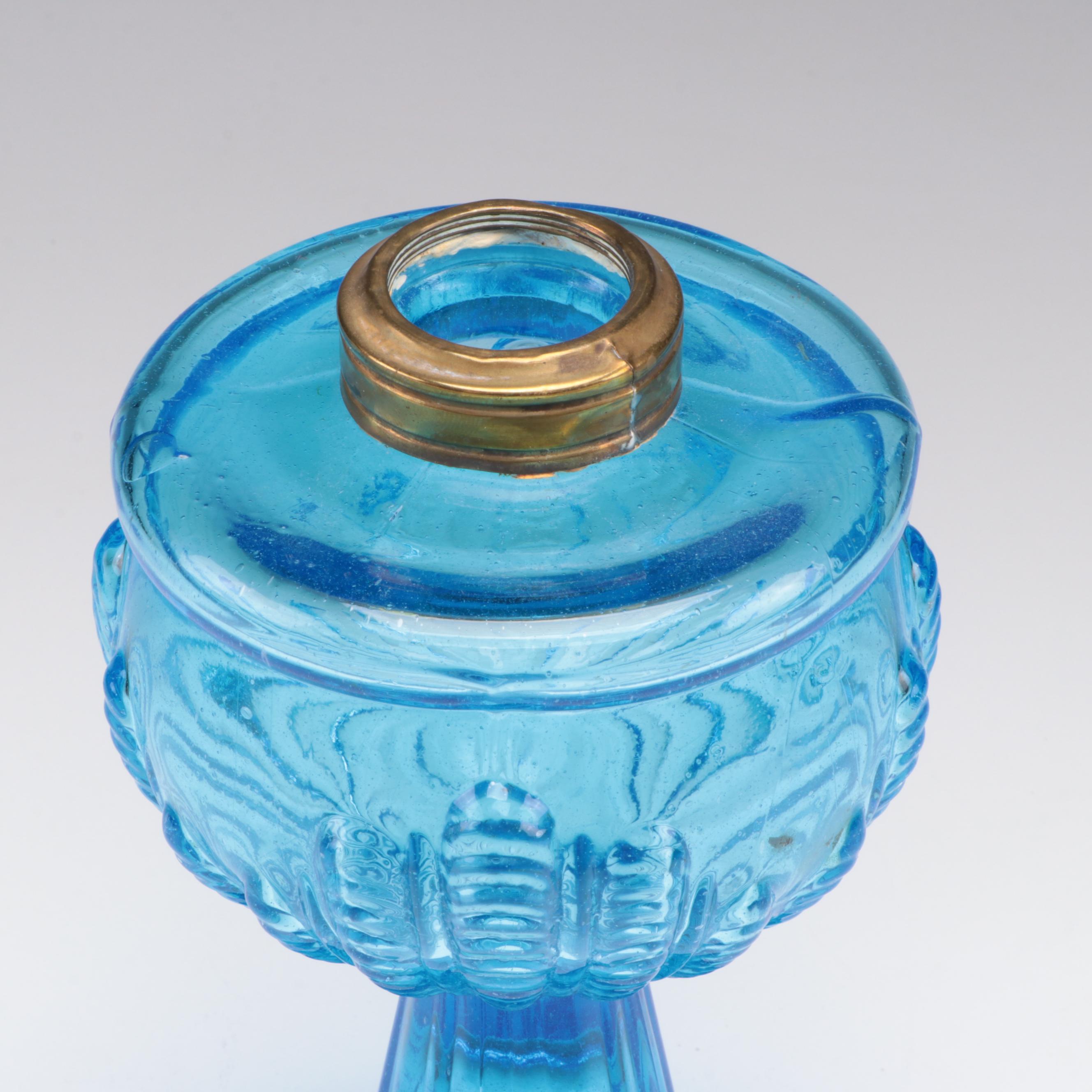 Palmetto Style Glass With Blue Pressed Glass Oil Lamp Fonts, Late 19th ...