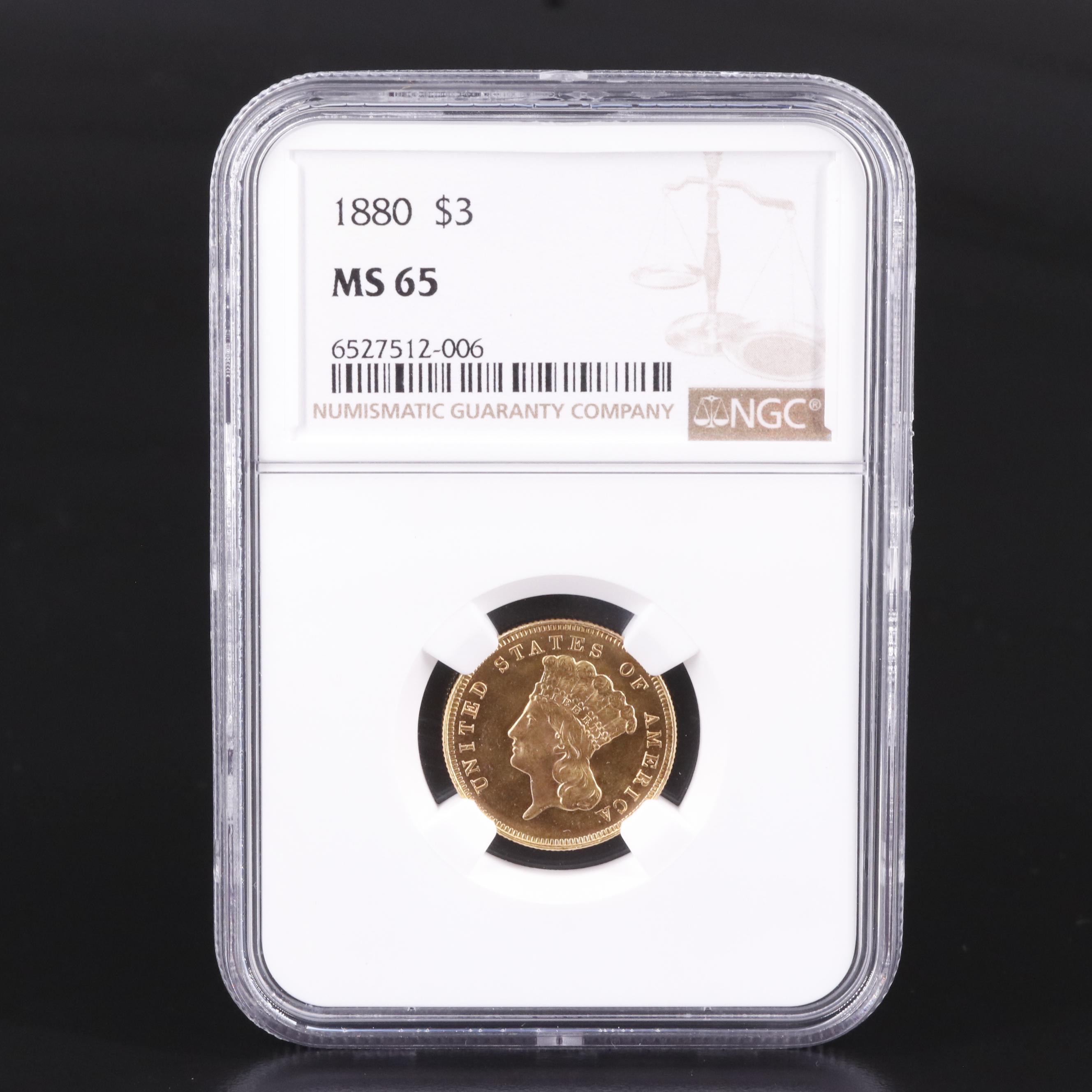 NGC Graded MS65 1880 Indian Princess $3 Gold Coin | EBTH