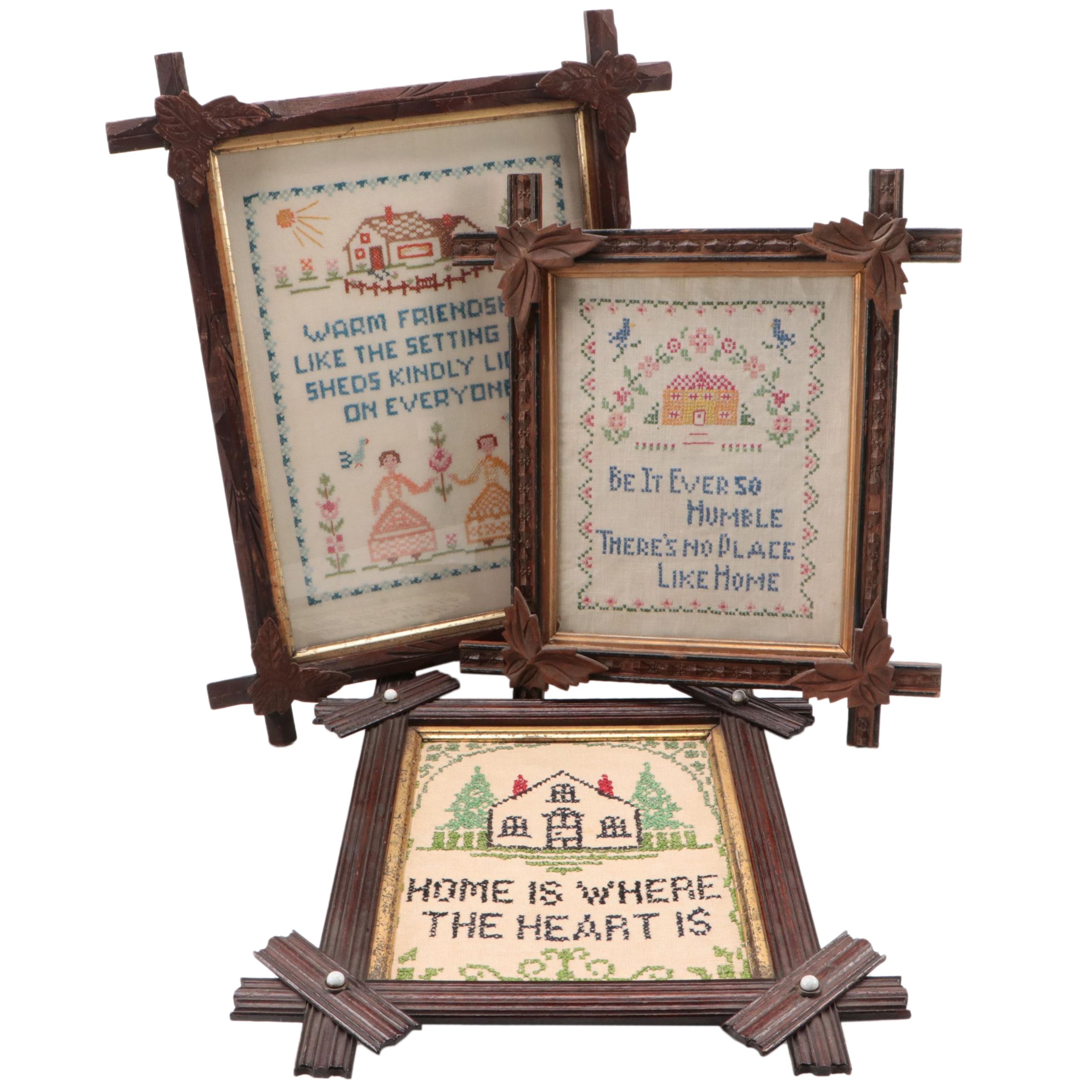 Handmade Cross-Stitch Samplers in Black Forest Style Walnut Frames | EBTH