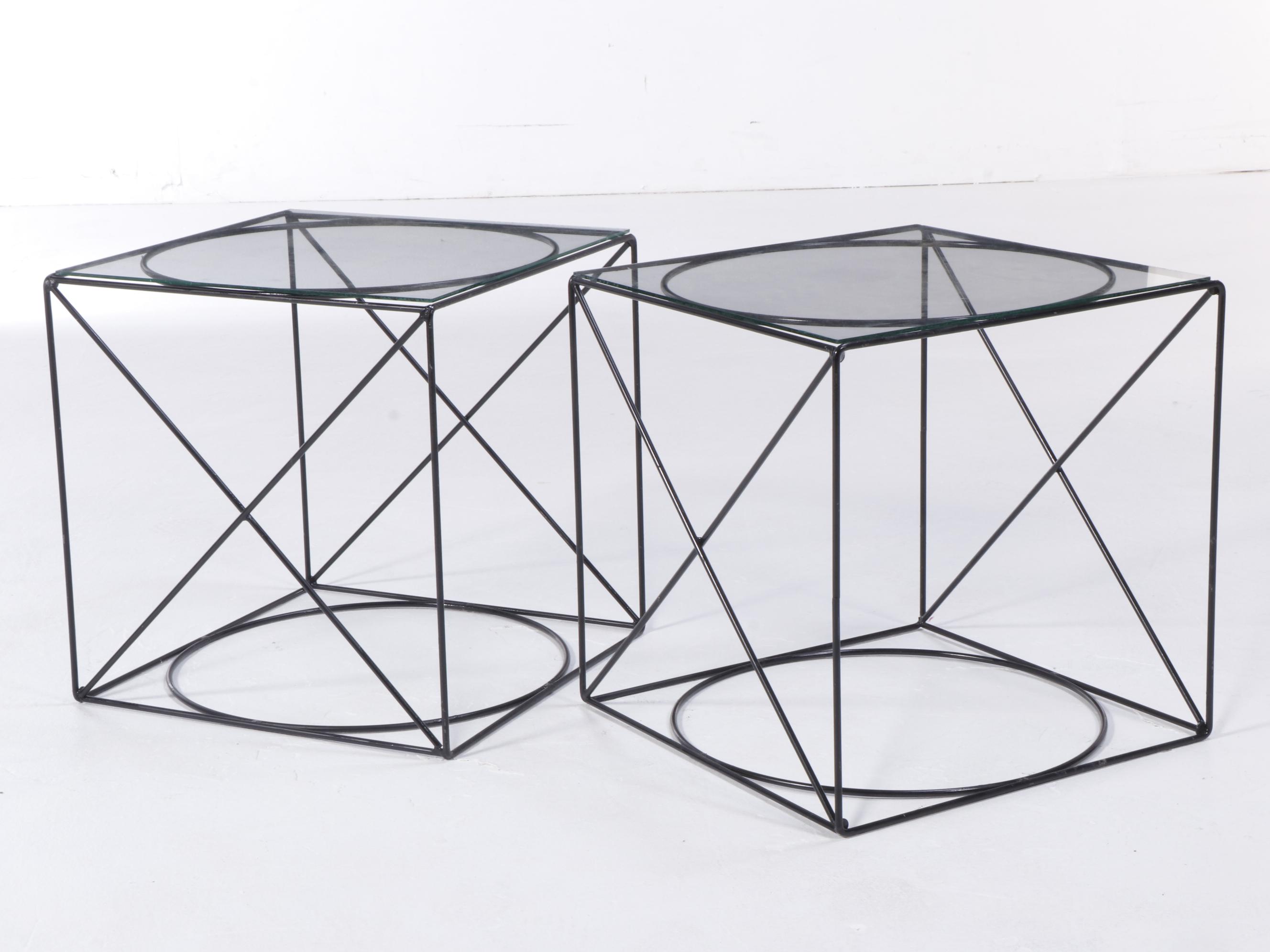 Pair of Mid Century Modern Metal XO Rod and Glass Top Cube-Form Side ...