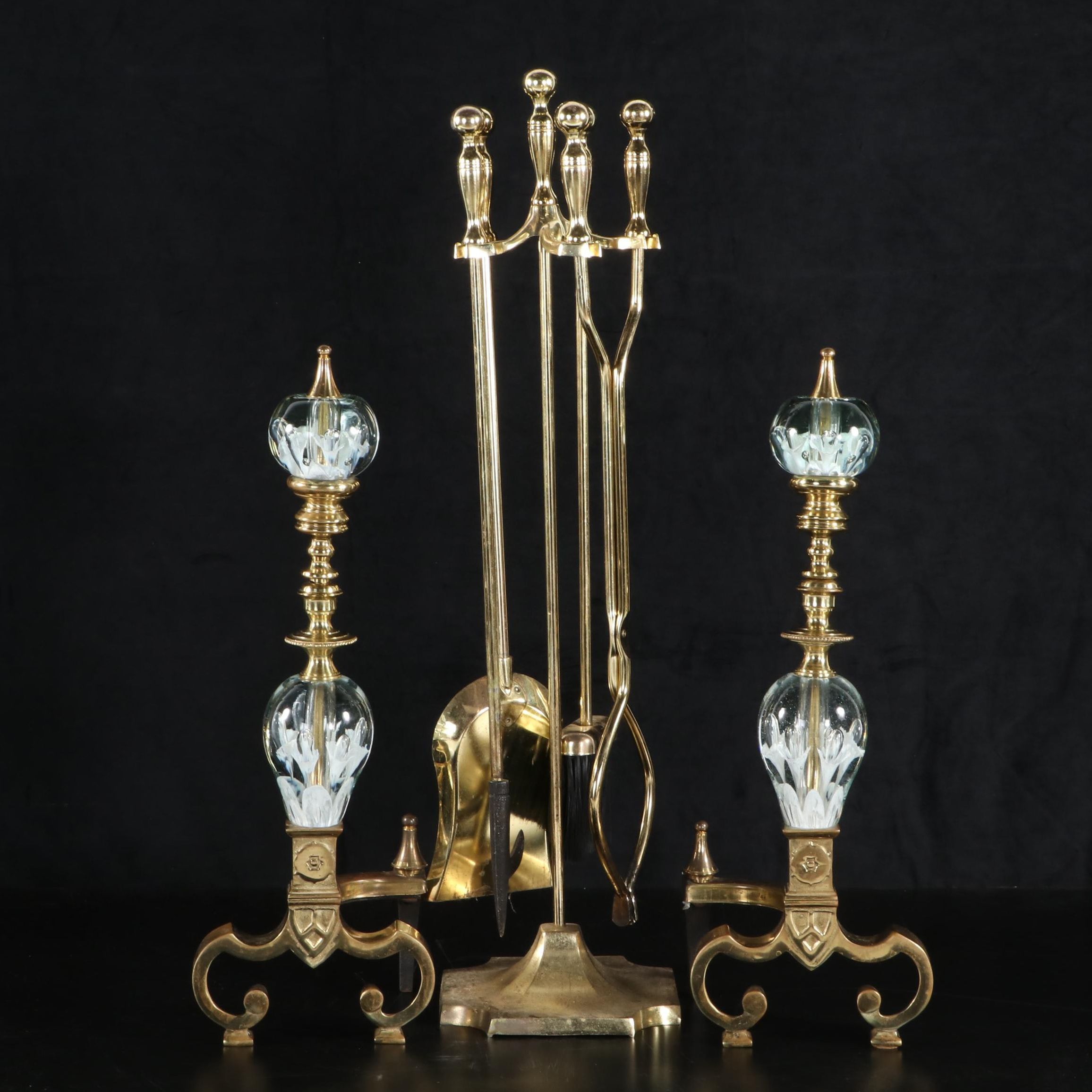 St. Clair Brass and Glass Andirons with Other Fireplace Tools, 20th C ...