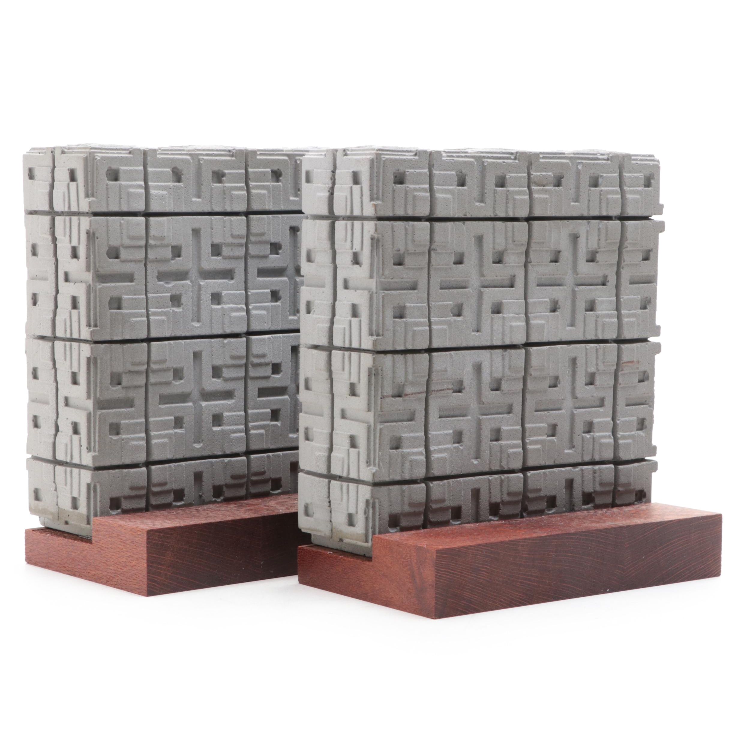 Brutalist Style Cement and Wood Bookends | EBTH