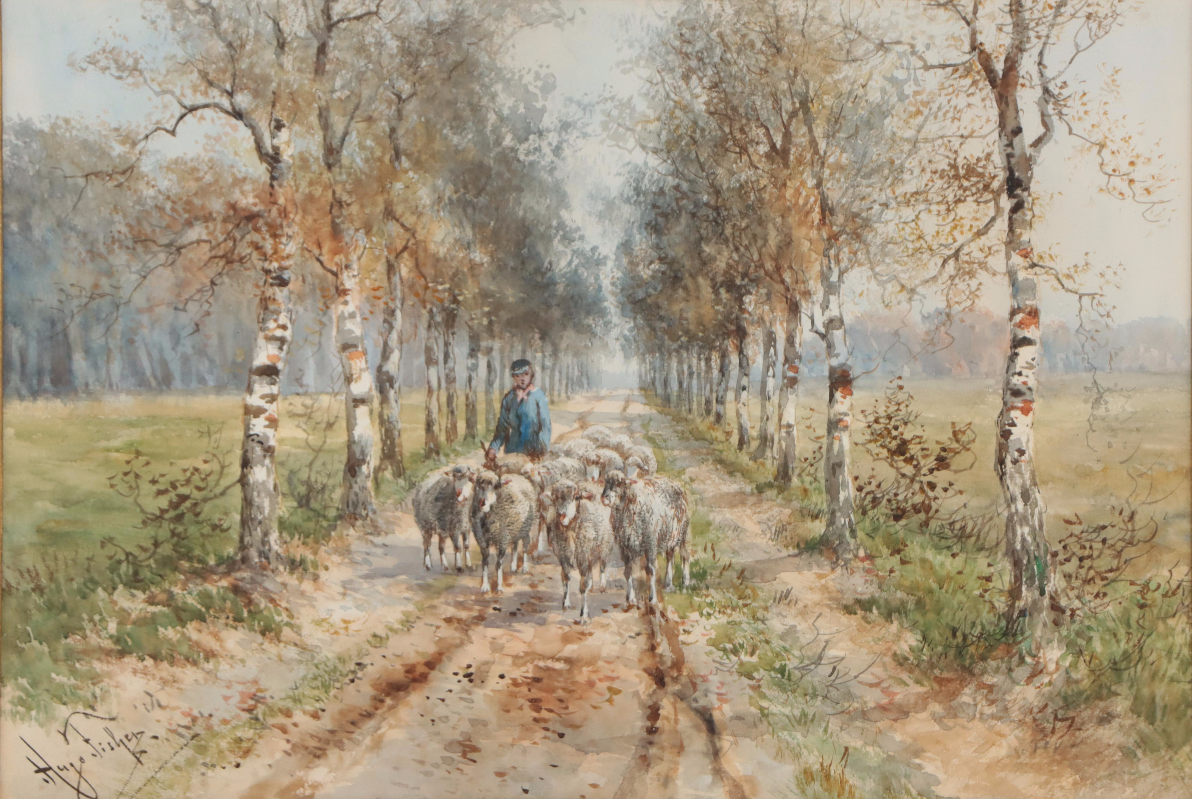 Hugo Anton Fisher Watercolor Painting of Shepard Herding Sheep, Circa ...