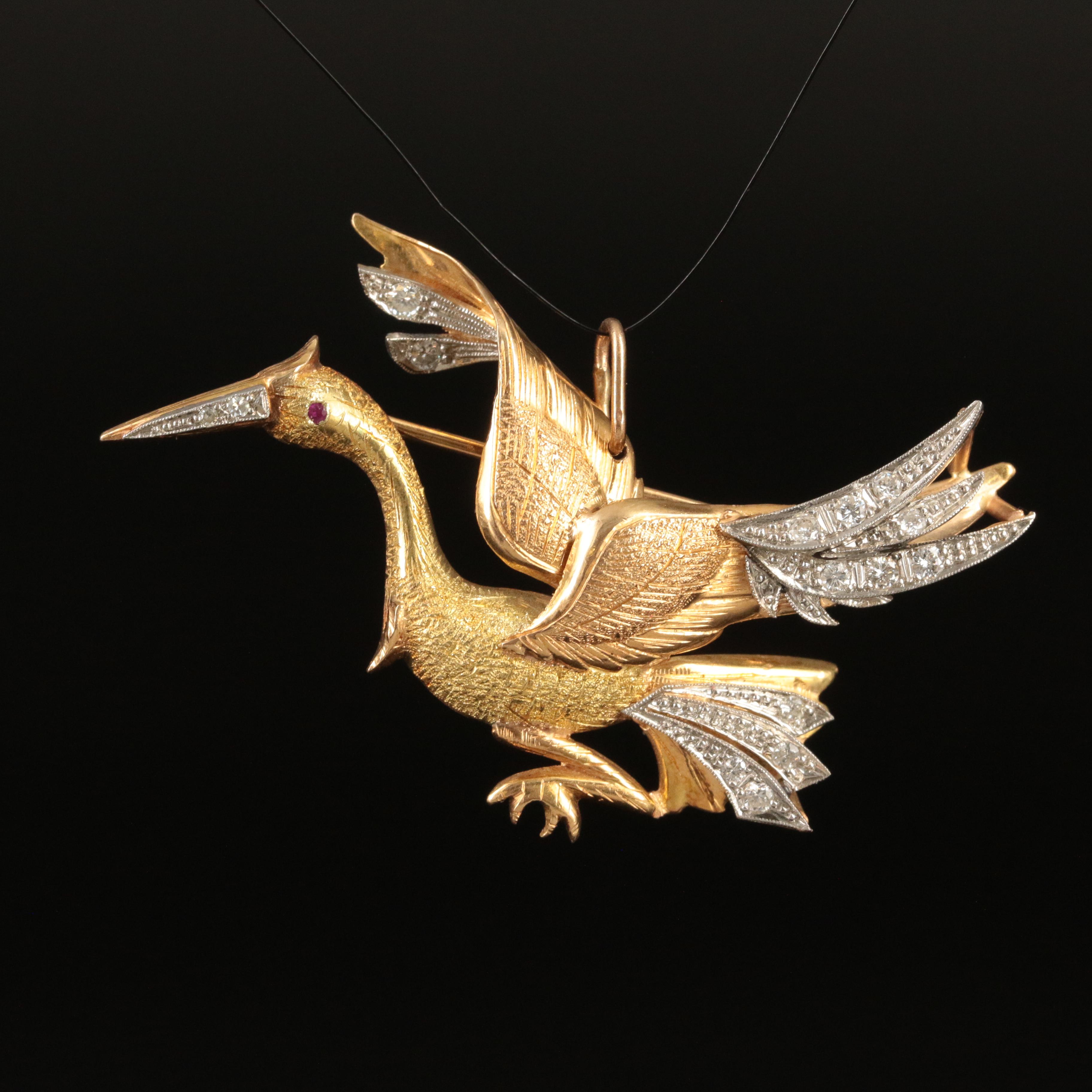 Vintage 18K Diamond and Ruby Crane Converter Brooch with Platinum ...