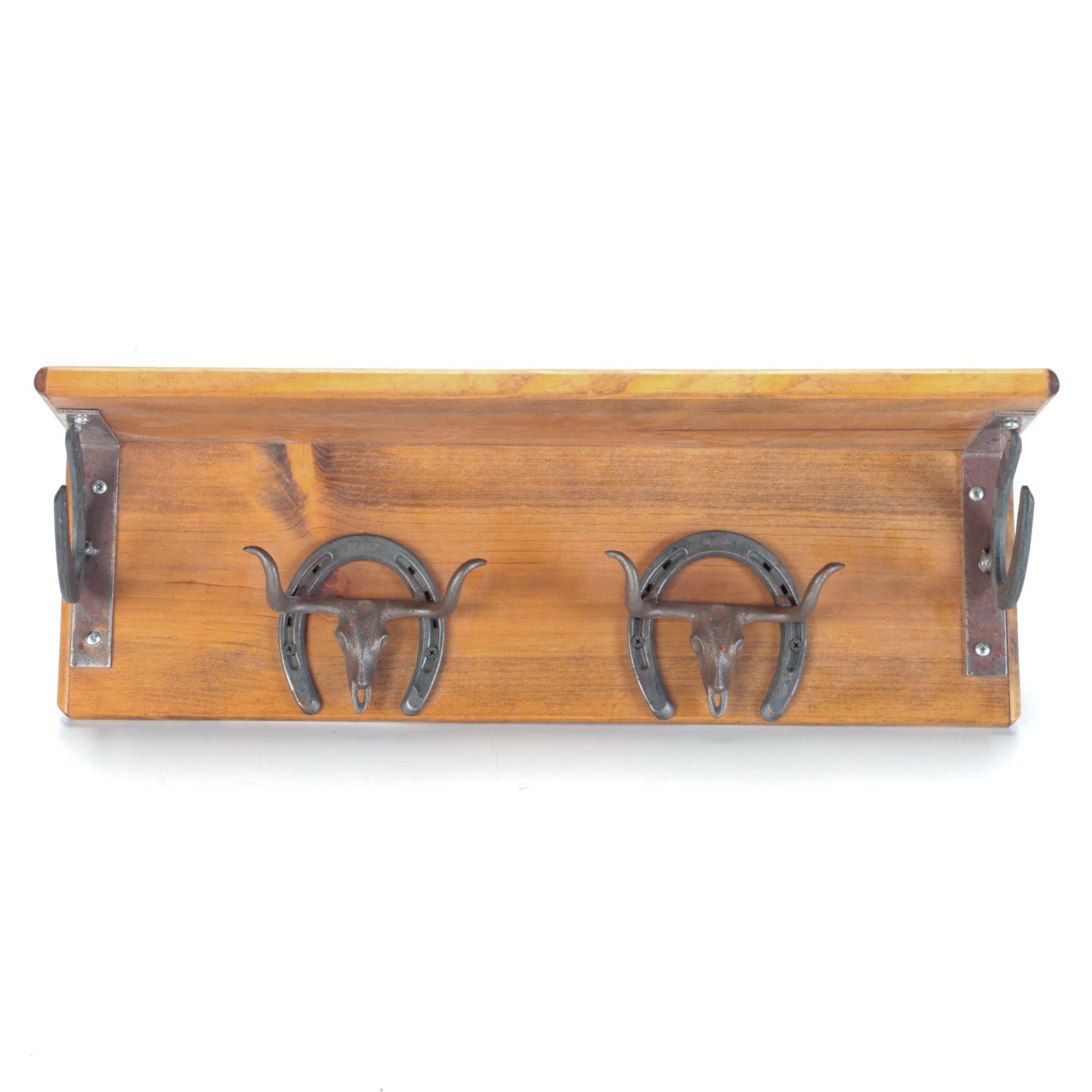 Western Style Horseshoe and Longhorn Cattle Pine Wood Coat Rack Wall ...