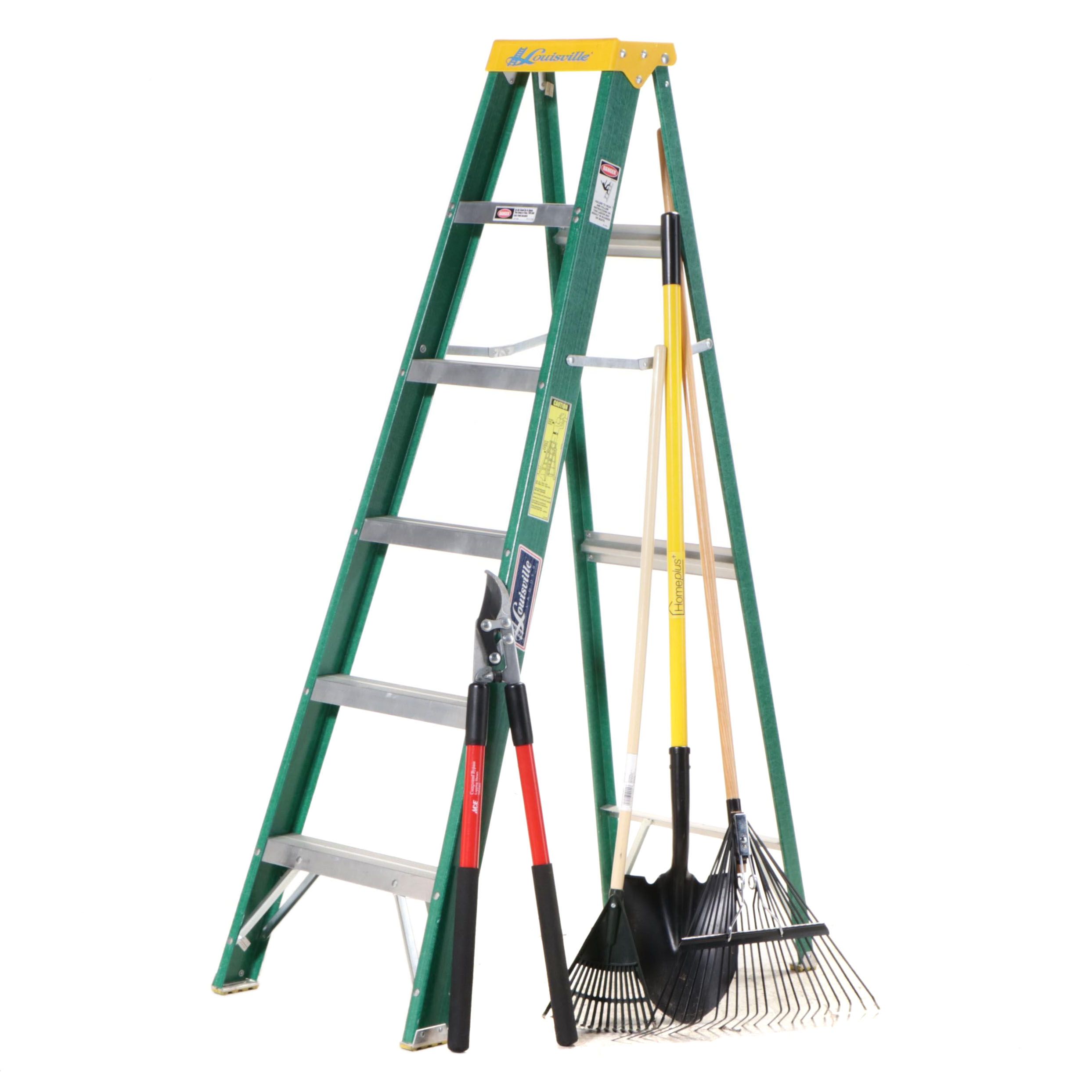 Louisville Ladder Co. Step Ladder with Rake, Shovel, Shears | EBTH