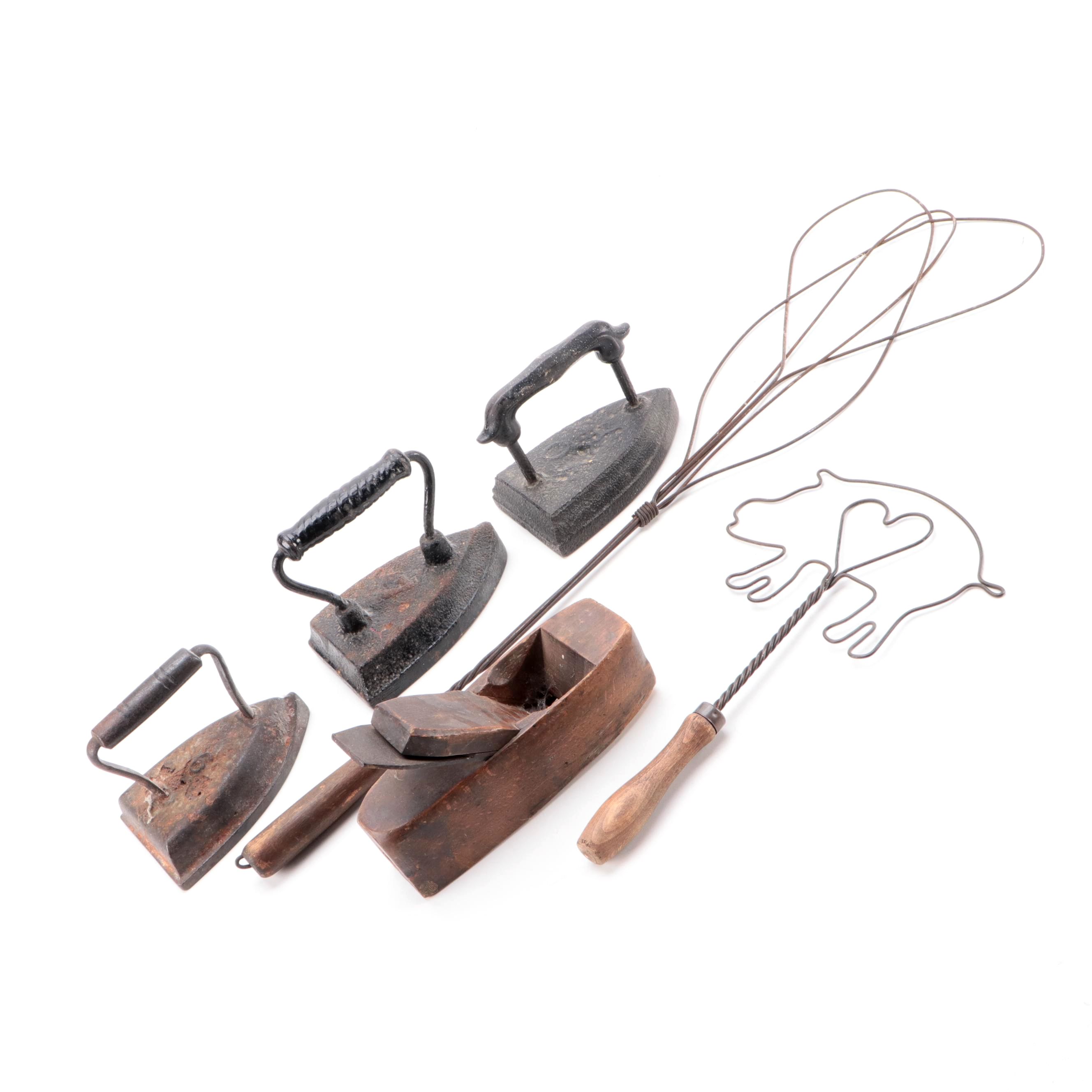 Iron Wire Wood Handled Rug Beaters with Sad Irons and Wood Plane ...