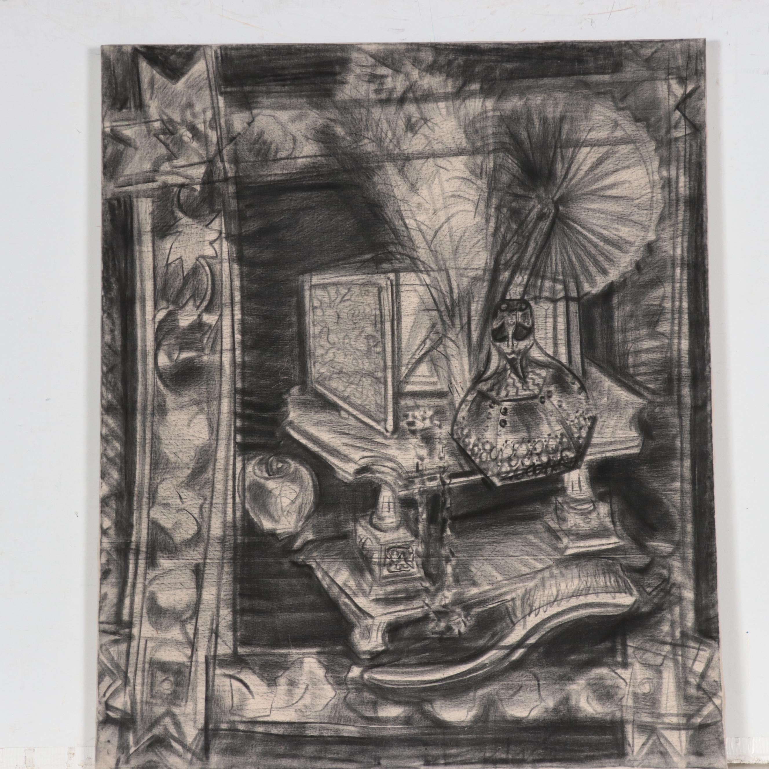 Large-Scale Still Life Vine Charcoal Drawing on Canvas | EBTH