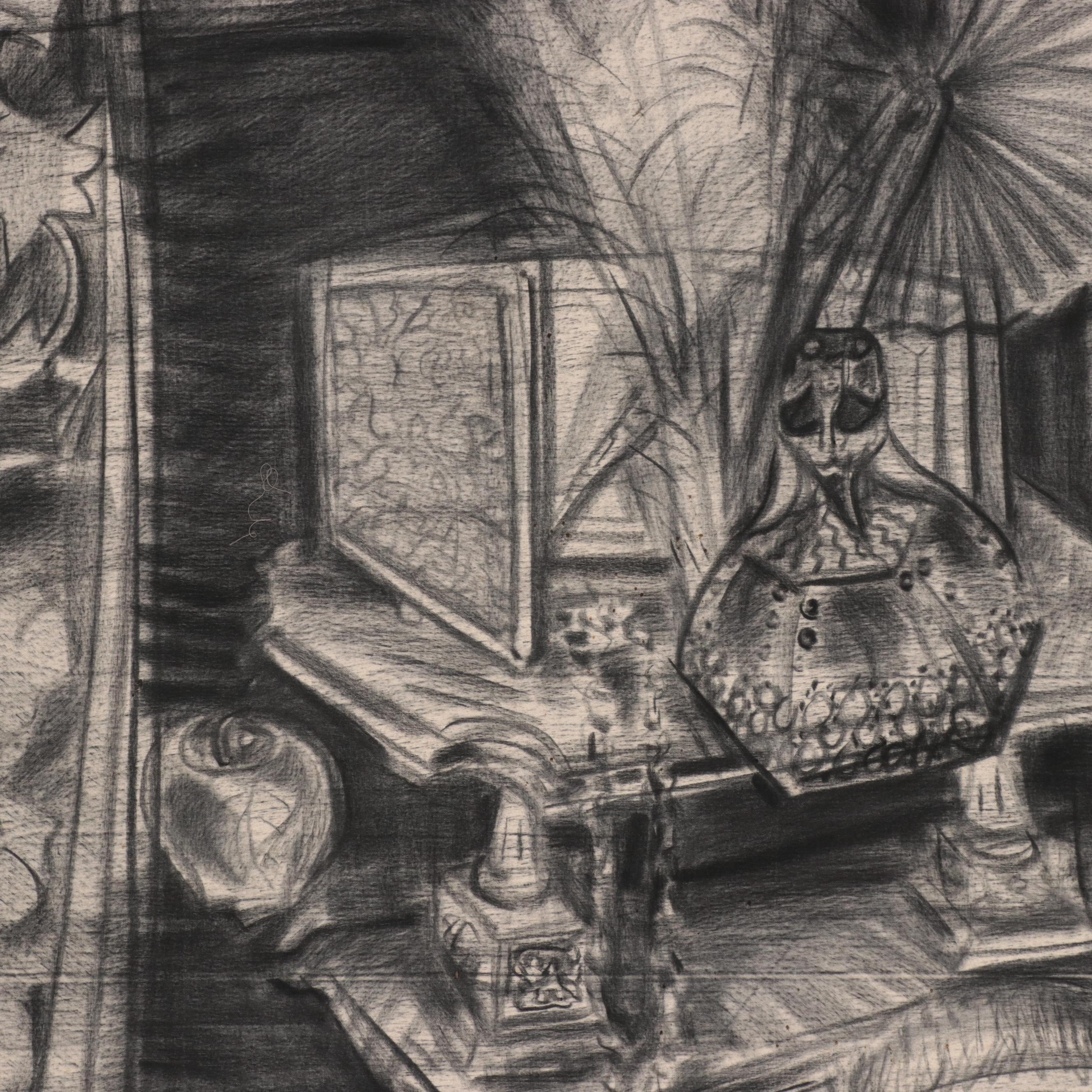 Large-Scale Still Life Vine Charcoal Drawing on Canvas | EBTH